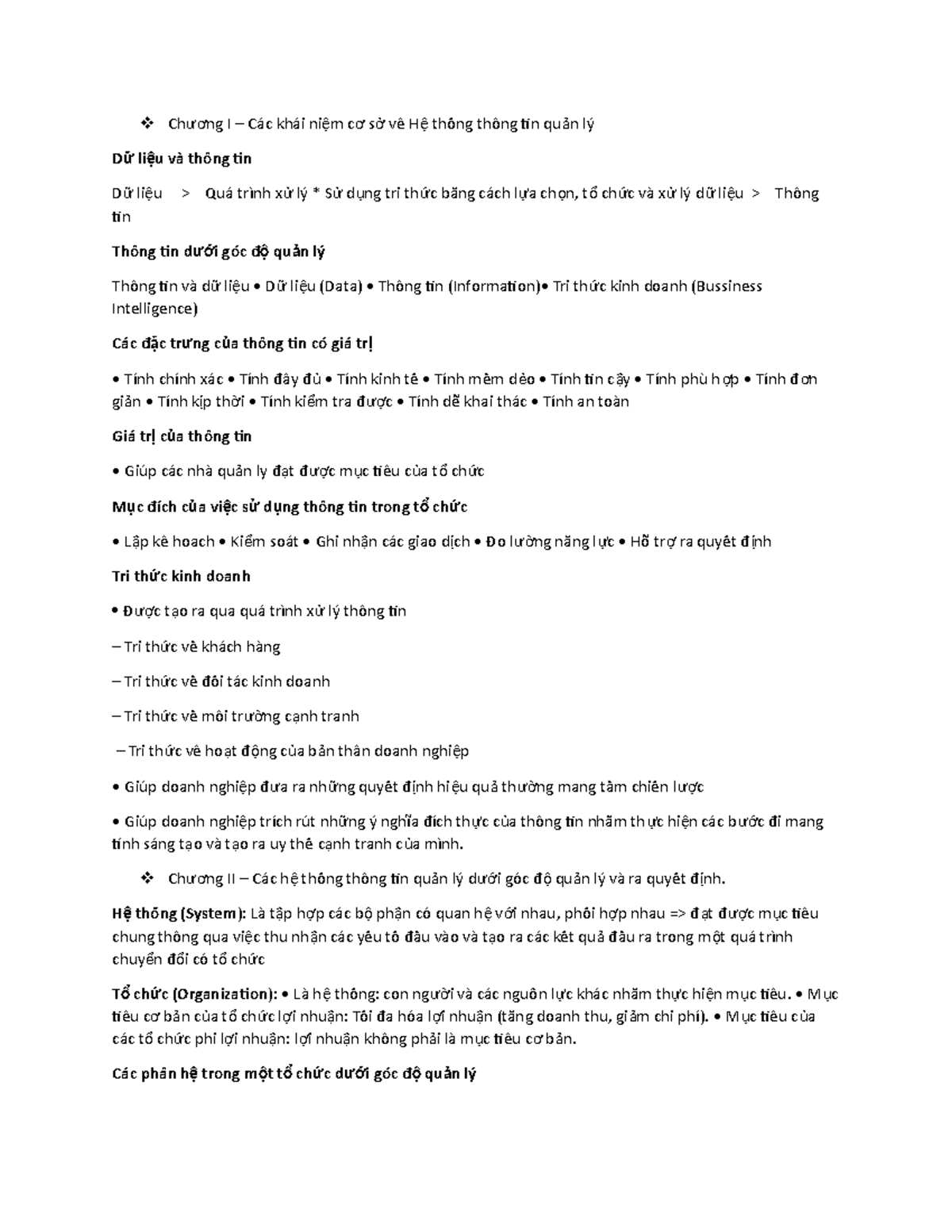 Lý thuyết hệ thống thông tin quản lý - Ch ng I – Các khái ni m c s vềề H thốống thống tn qu n lý ...