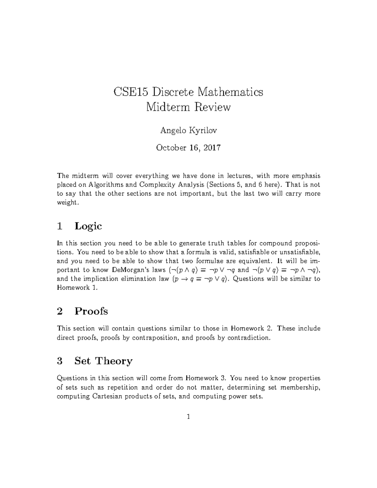Review - CSE15 Discrete Mathematics Midterm Review Angelo Kyrilov ...