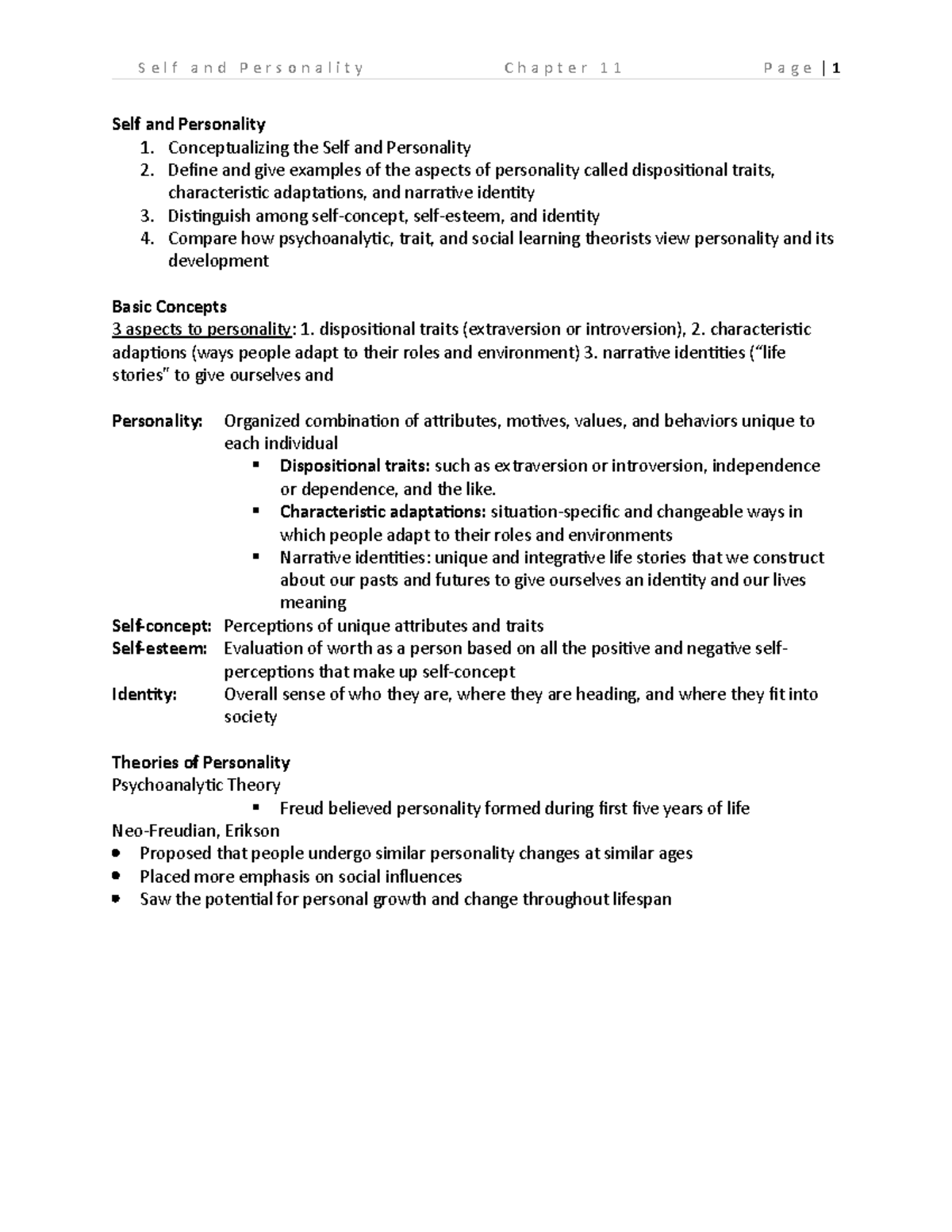 Self and Personality - chapter 11 summaries - Life-Span Human ...