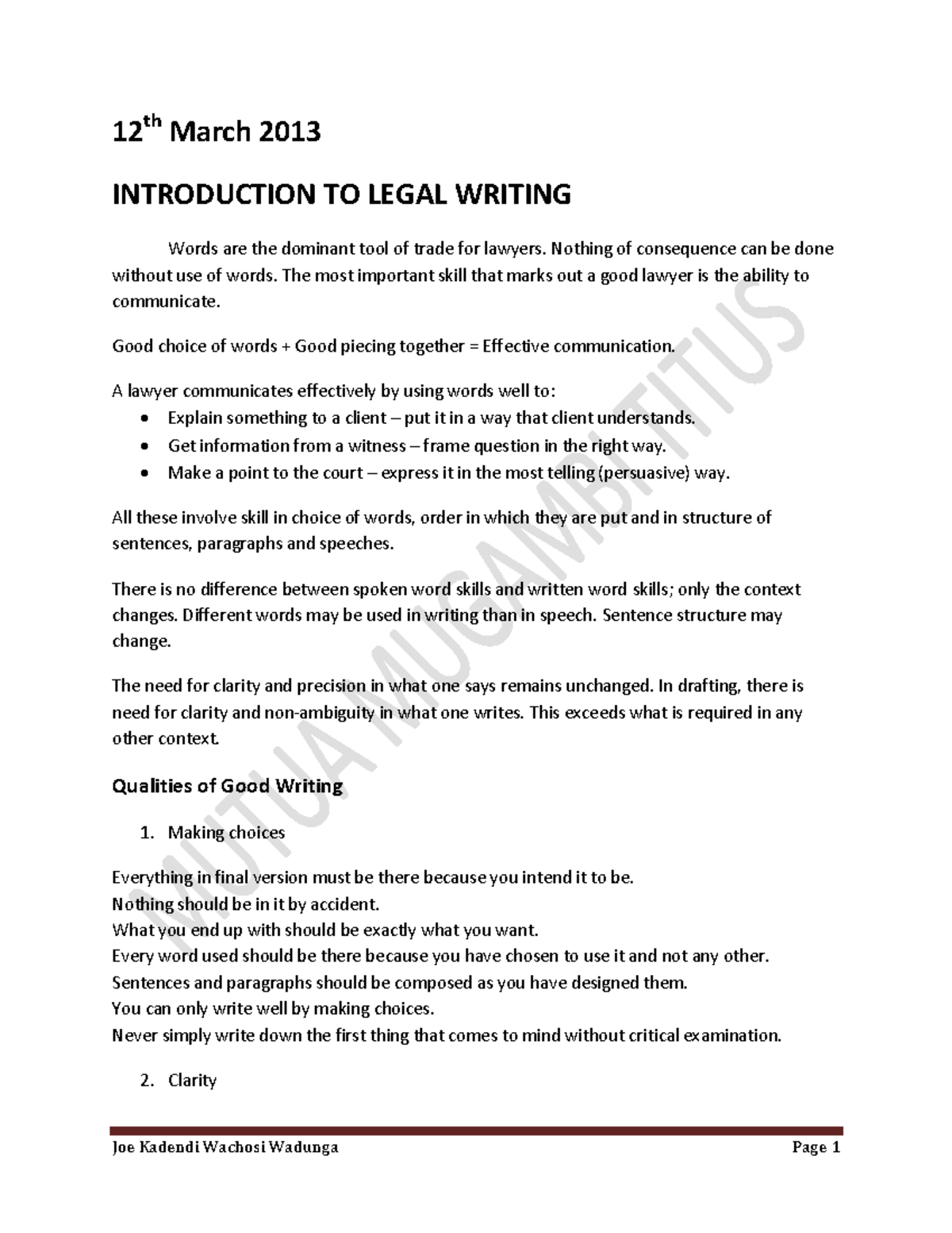 Legal Writing and Drafting 2015 - 12 th March 2013 INTRODUCTION TO ...