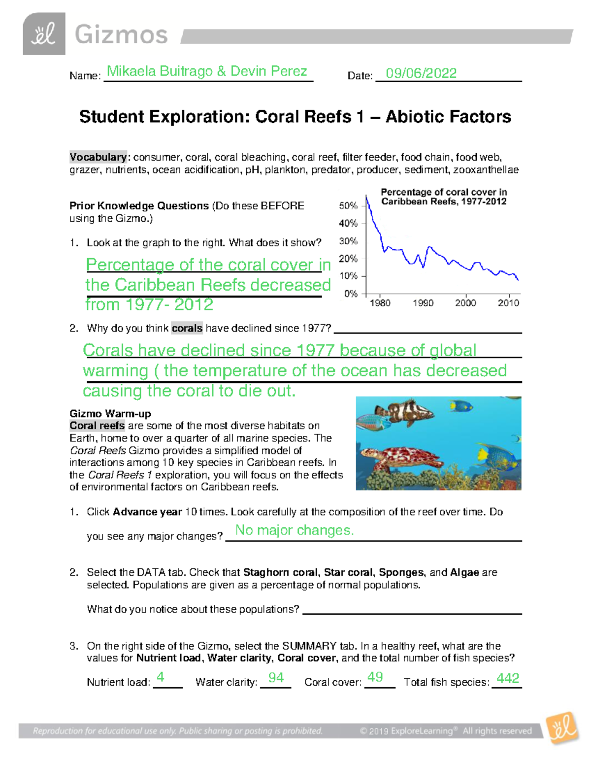 Coral Reef 1SE - Bio cw - Name: Date: Student Exploration: Coral Reefs ...