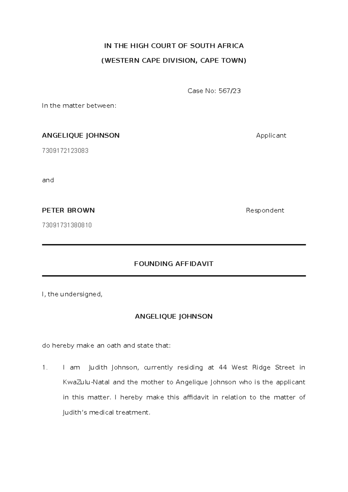 Founding Affidavit - example - IN THE HIGH COURT OF SOUTH AFRICA ...