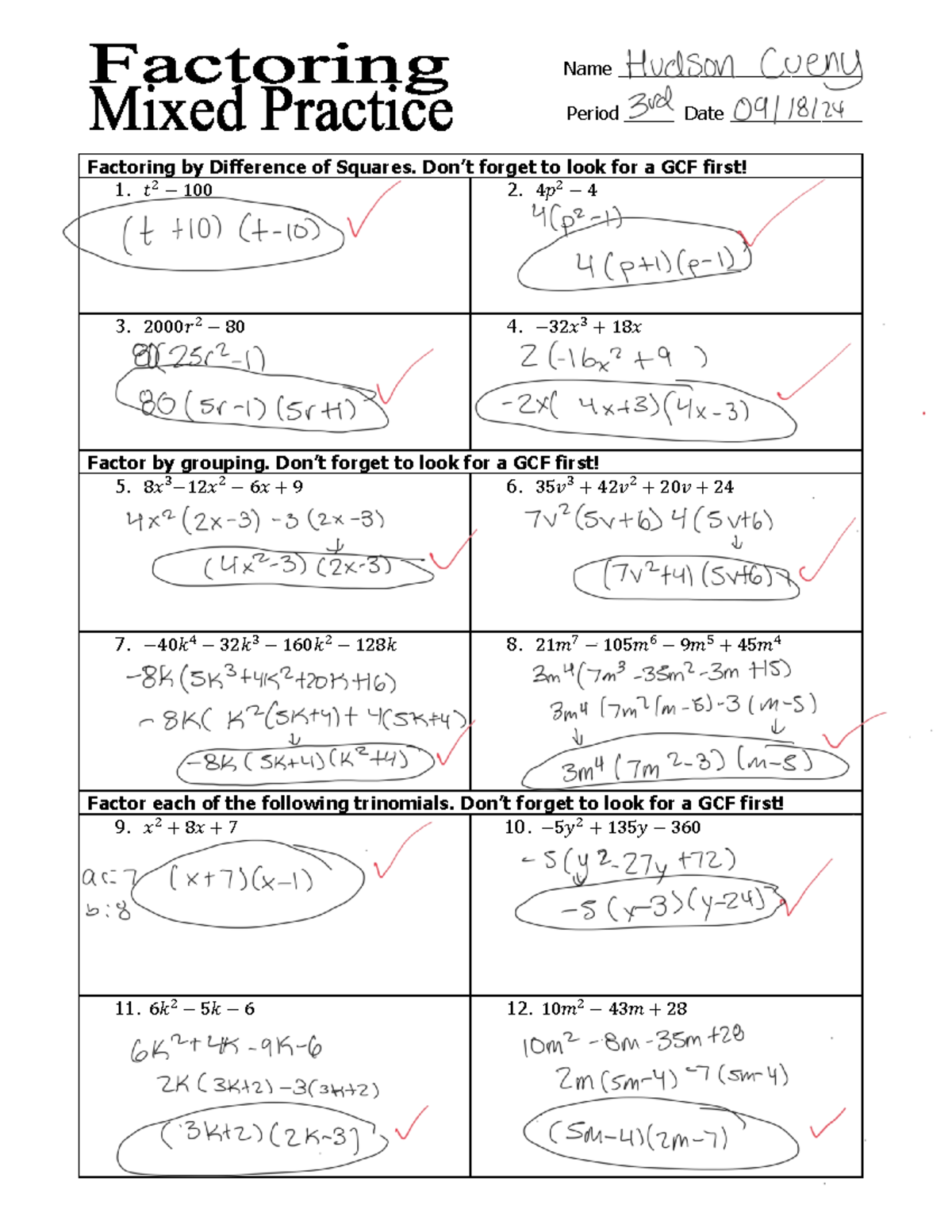Factoring Review HW - Name ________________________ Period _____ Date _____________ Factoring by ...
