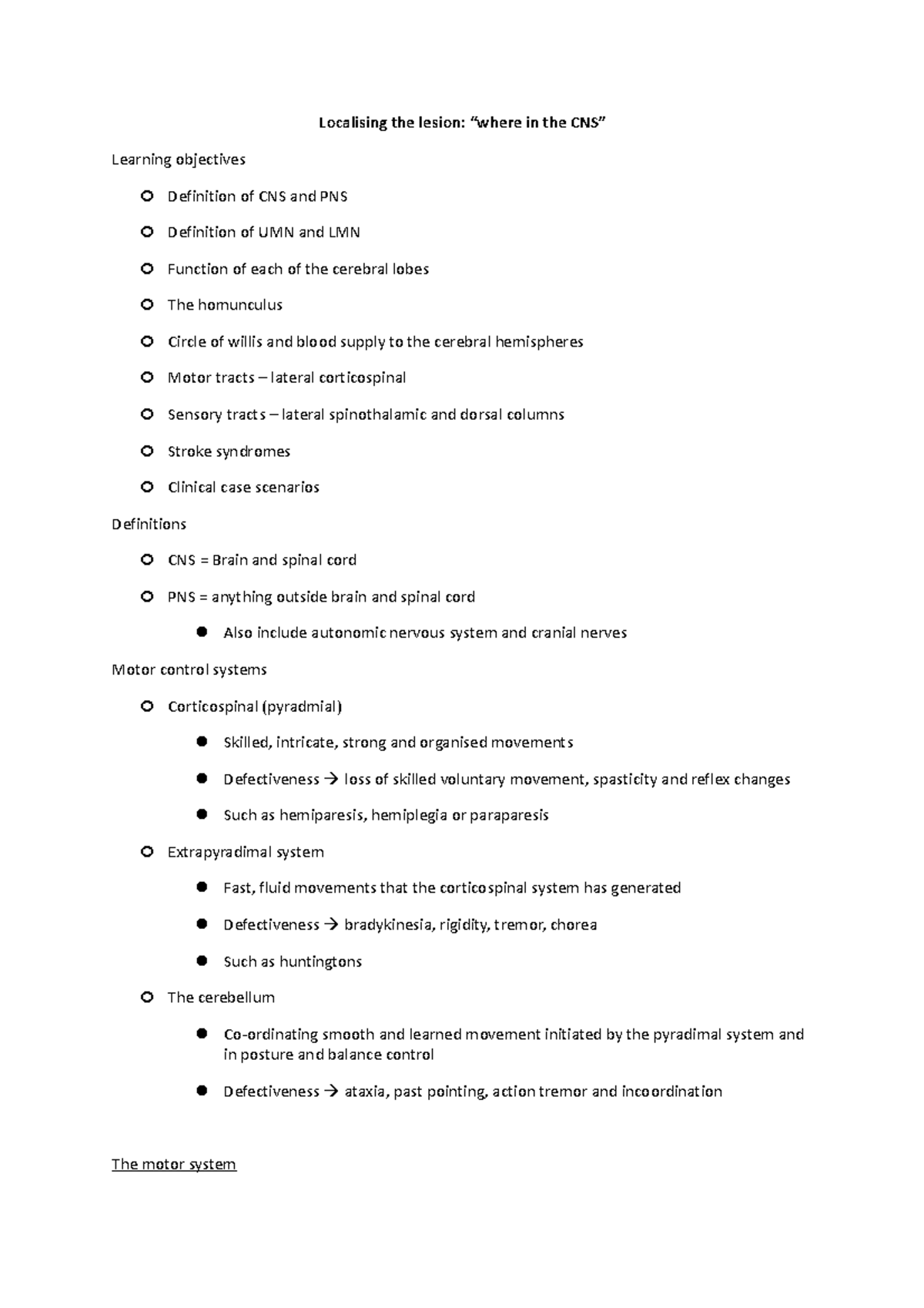 Localising the lesion handout kate - Localising the lesion: “where in ...