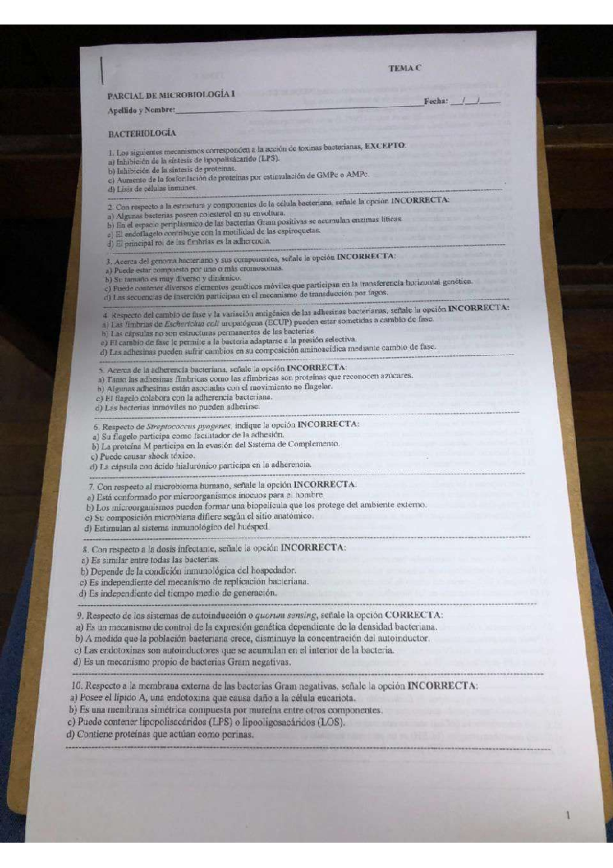 1P Micro 1 CAT1 1C 2024 - choices para practicar - TEMA C PARCIAL DE MICROBIOLOGÍA I Fecha ...