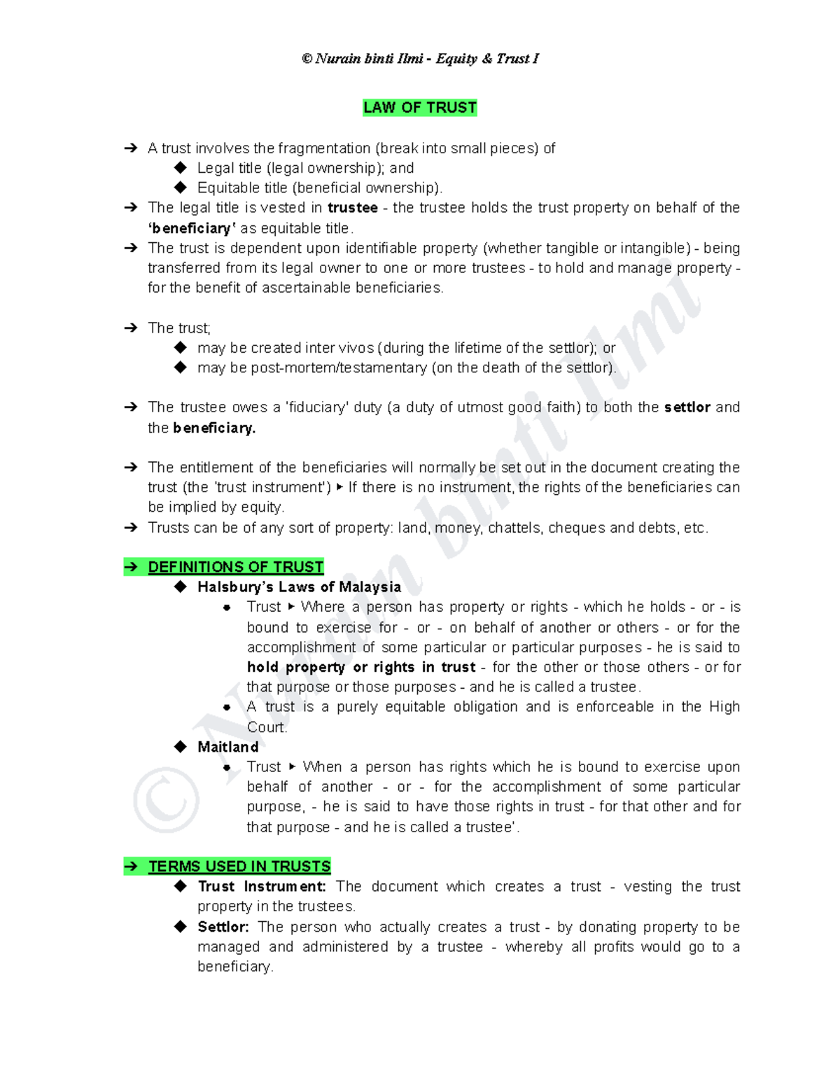 Law of Trust - Final Exam Notes - © Nurain binti Ilmi LAW OF TRUST A ...
