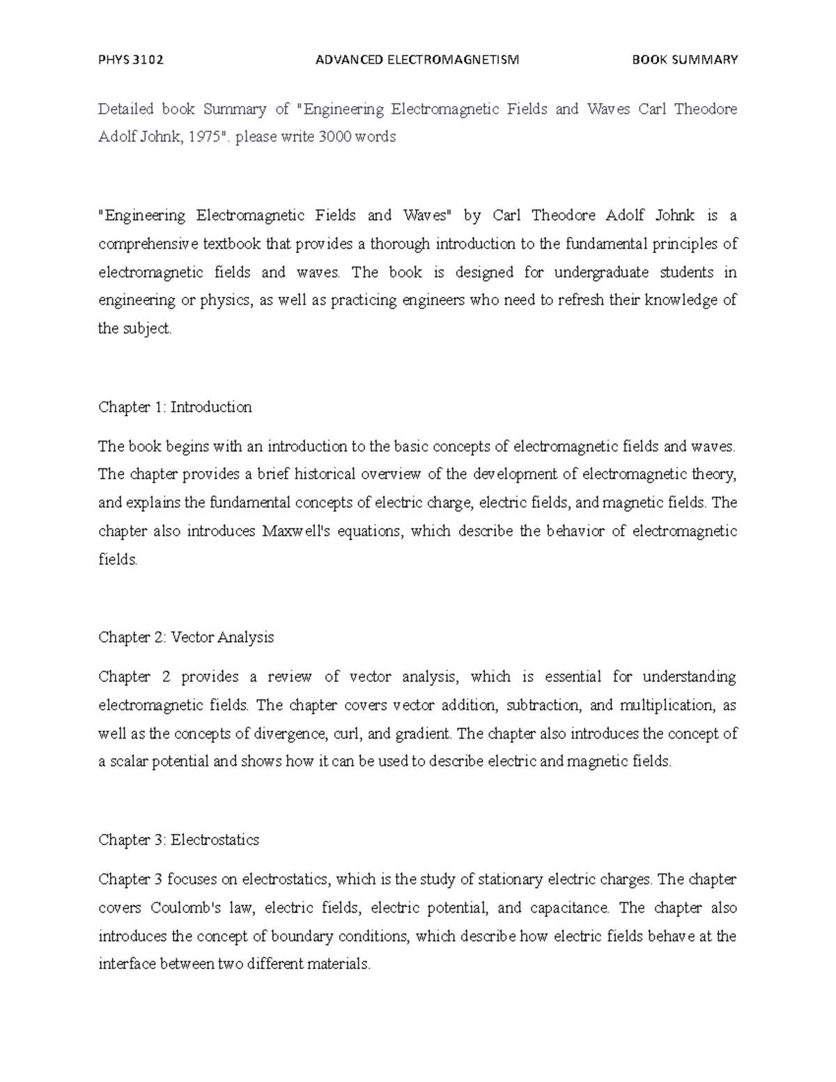 Detailed book Summary of Engineering Electromagnetic Fields and Waves - please write 3000 words ...