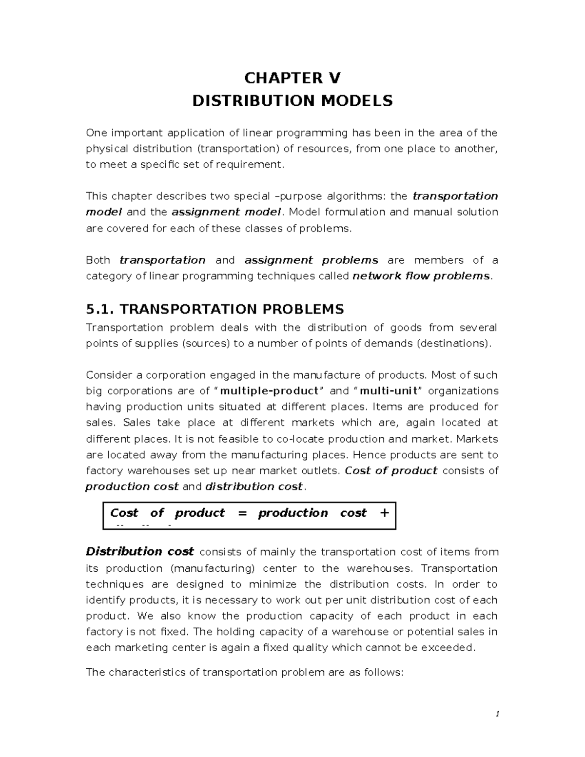 Chapter V Transportation AND Assignment Problems - CHAPTER V ...