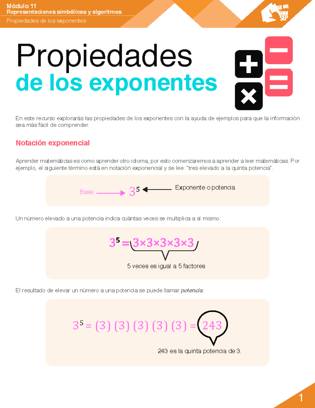 M11 S1 Propiedades de los exponentes PDF - Representaciones simbólicas ...