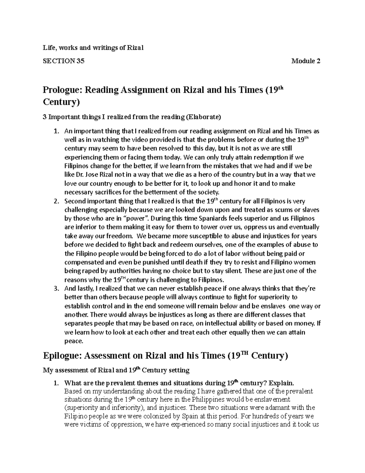Rizal Module 2 - Life, works and writings of Rizal SECTION 35 Module 2 Prologue: Reading ...