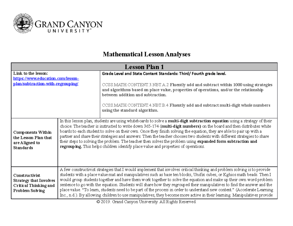 Elm 470 T2 Mathematical Lesson Analysis Mathematical Lesson Analyses