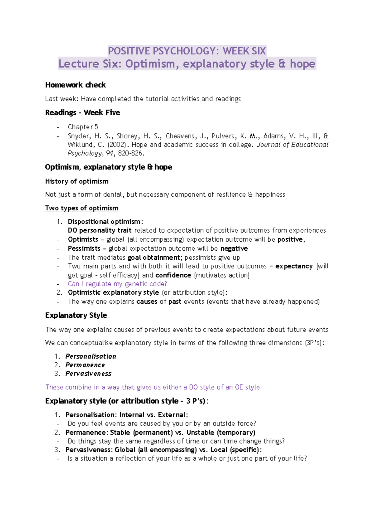PP notes - W6 - Optimism, explanatory style & hope - POSITIVE ...