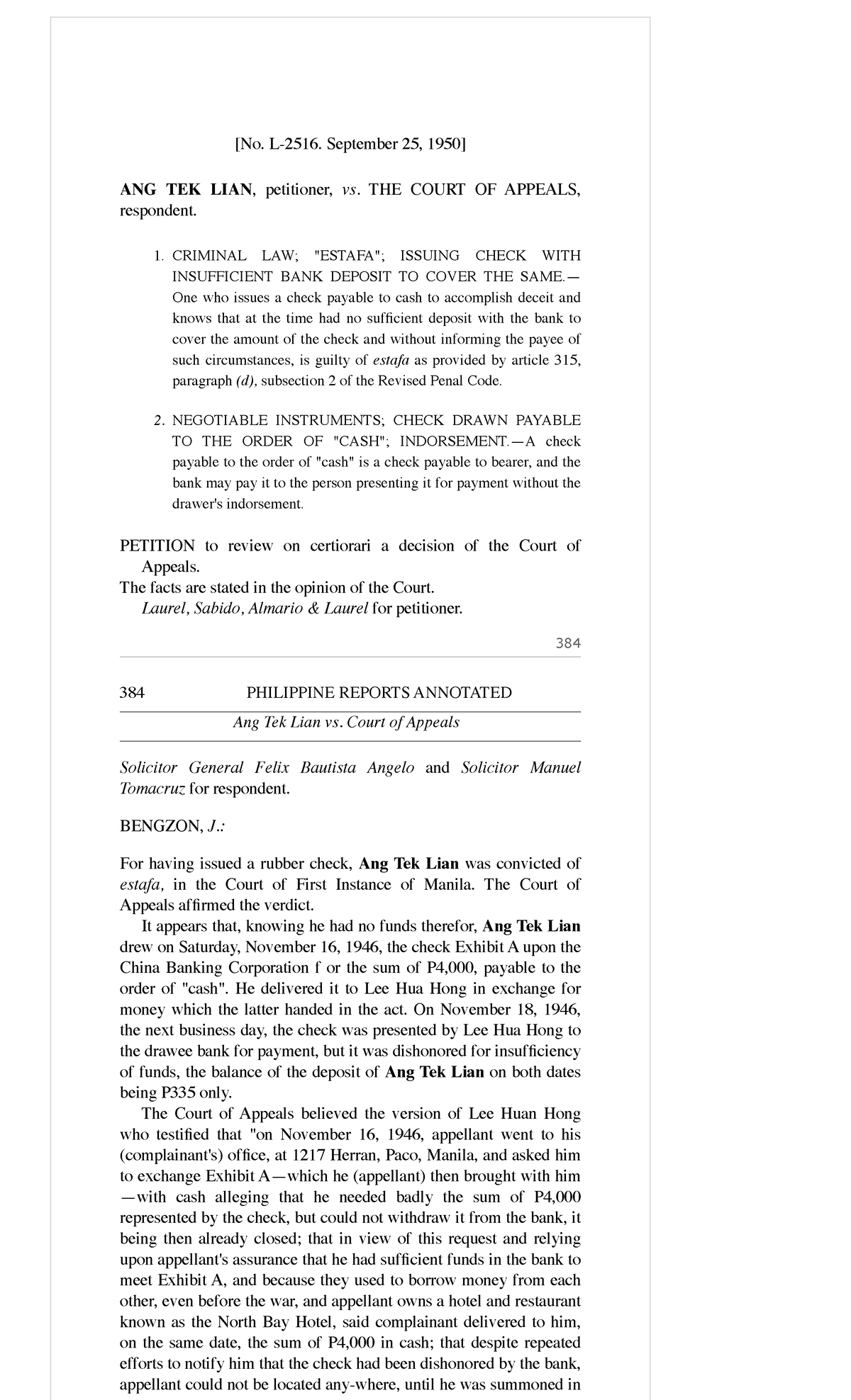 3. Ang Tek Lian vs - Negotiable instruments law. - [No. L-2516 ...