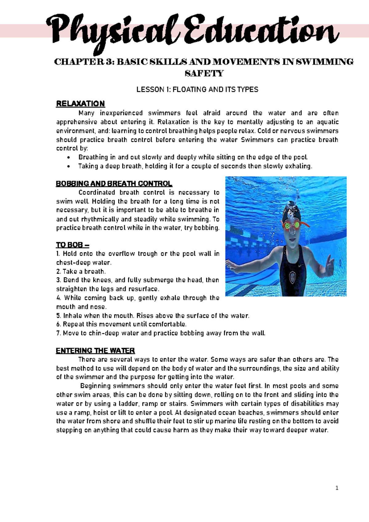 PHYSICAL EDUCATION - CHAPTER 3: BASIC SKILLS AND MOVEMENTS IN SWIMMING ...