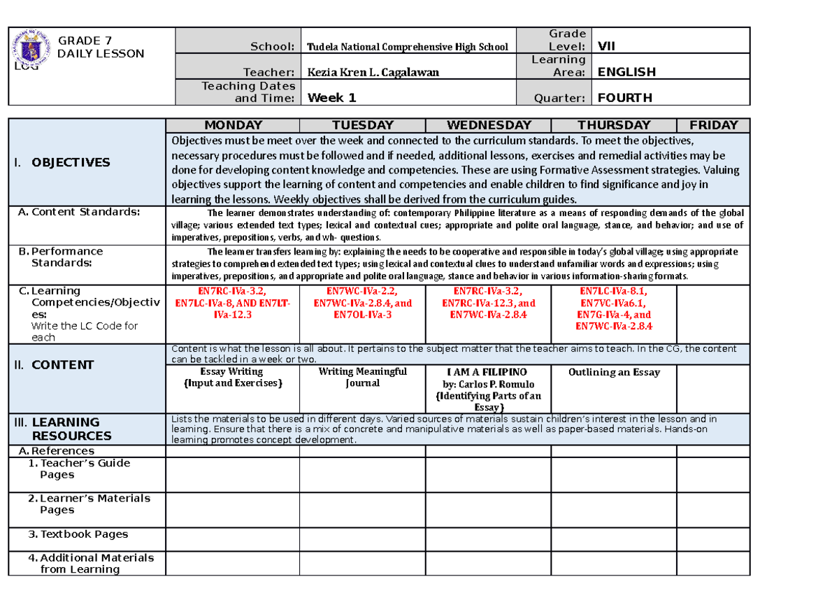 DLL 4th Qrtr Week 1 - Lesson guide - GRADE 7 DAILY LESSON LOG School ...