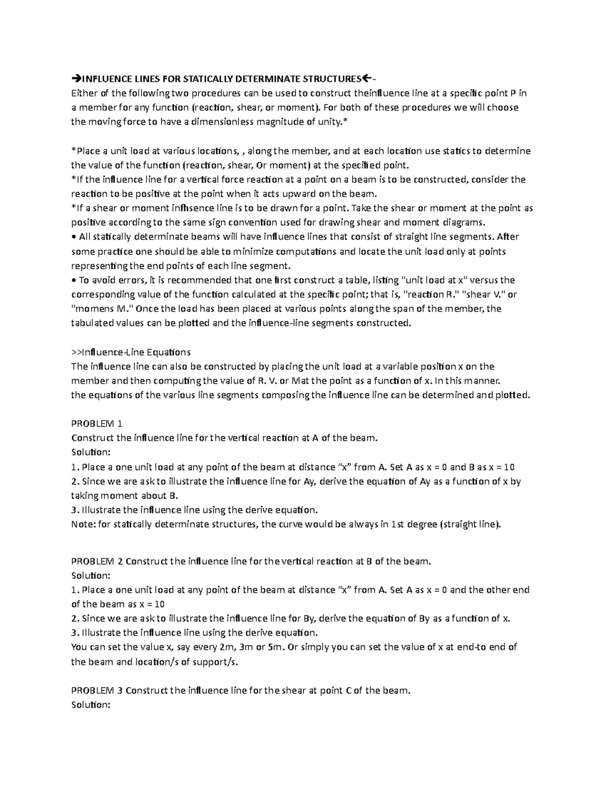 Influence Lines FOR Statically Determinate Structures - INFLUENCE LINES ...