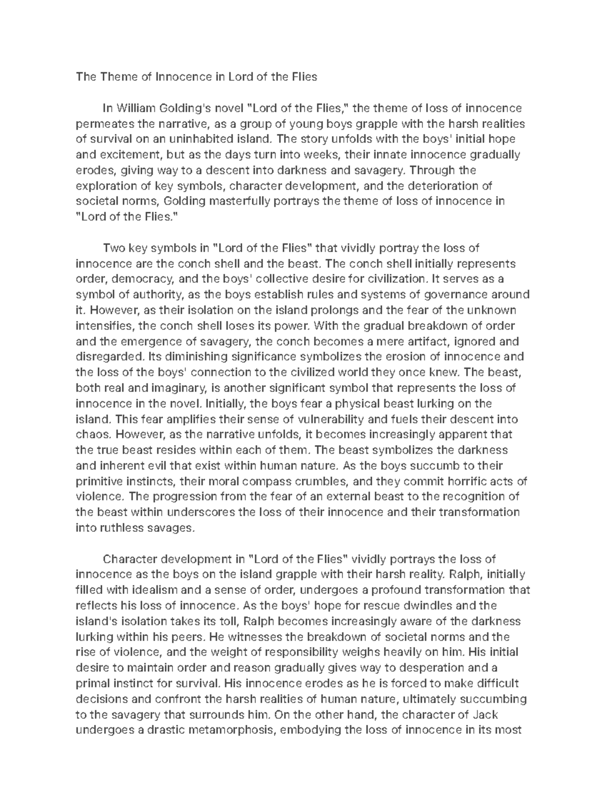 The Theme of Innocence in Lord of the Flies - The story unfolds with ...