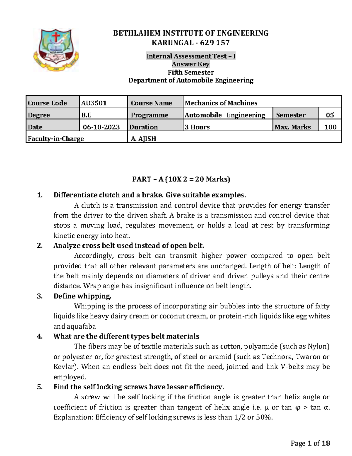IAT - II MOM Answer key - BETHLAHEM INSTITUTE OF ENGINEERING KARUNGAL ...