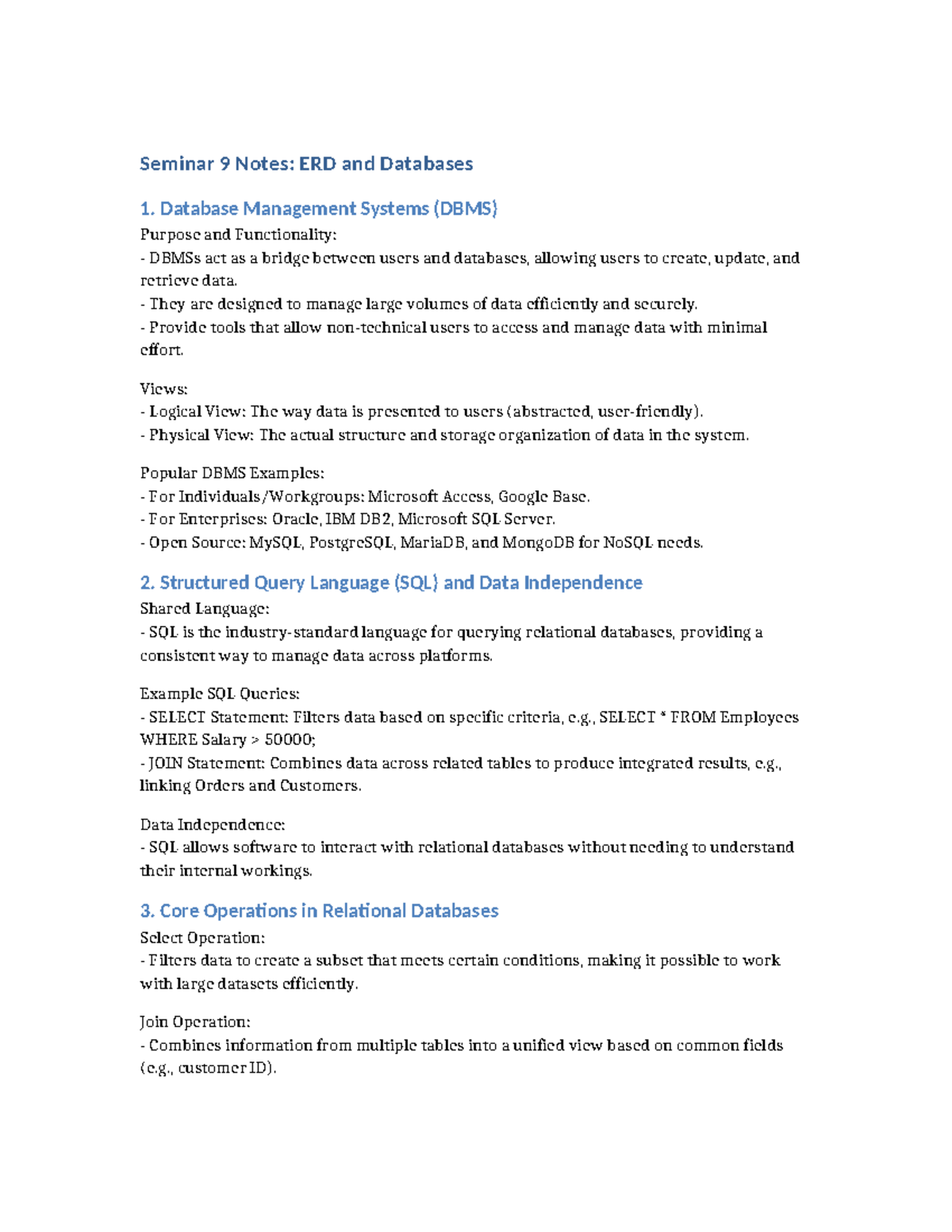 Seminar 9 Notes ERD and Databases - Seminar 9 Notes: ERD and Databases ...