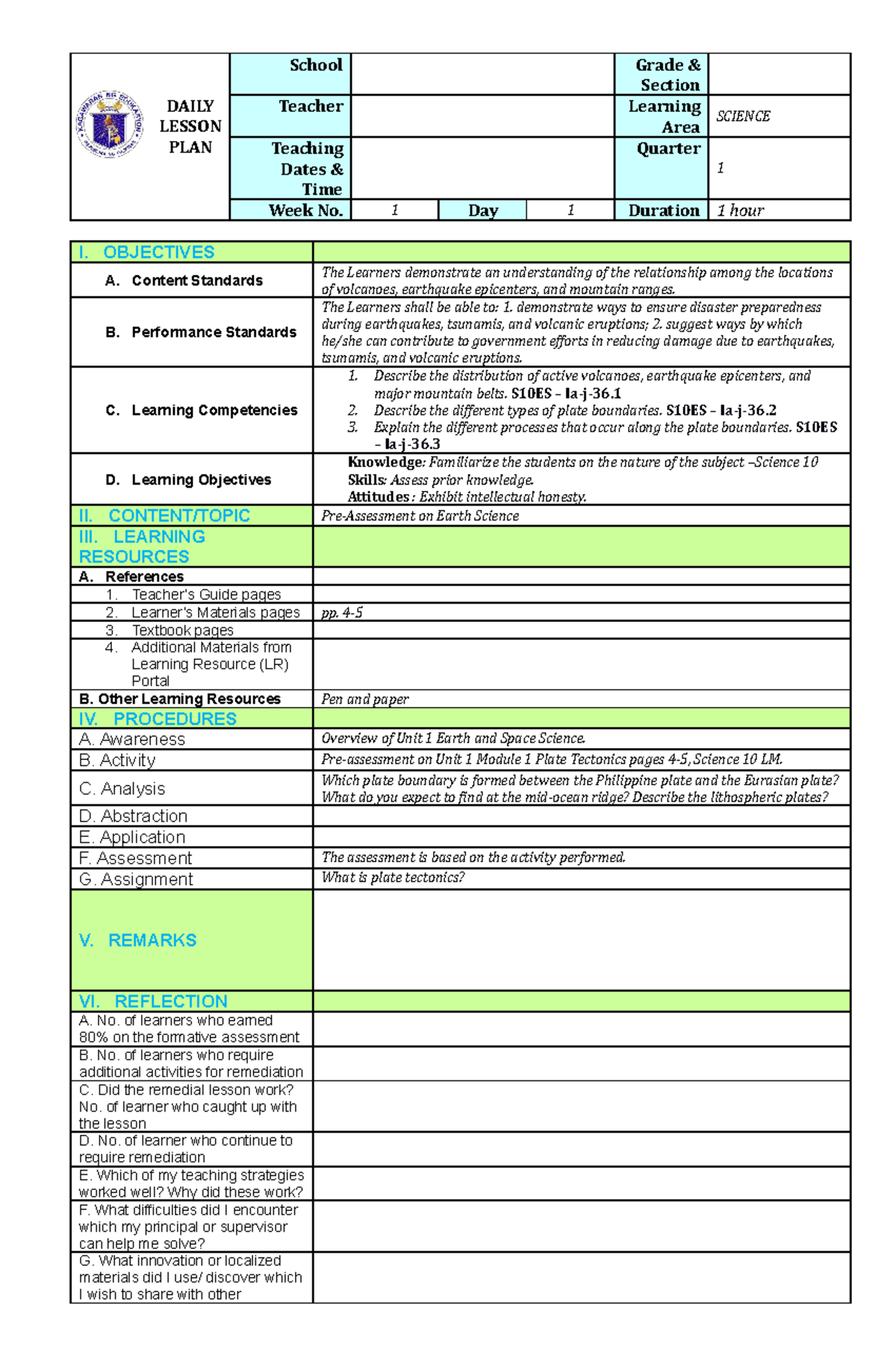Science 10 DLP Q1W1D1 - DAILY LESSON PLAN School Grade & Section ...