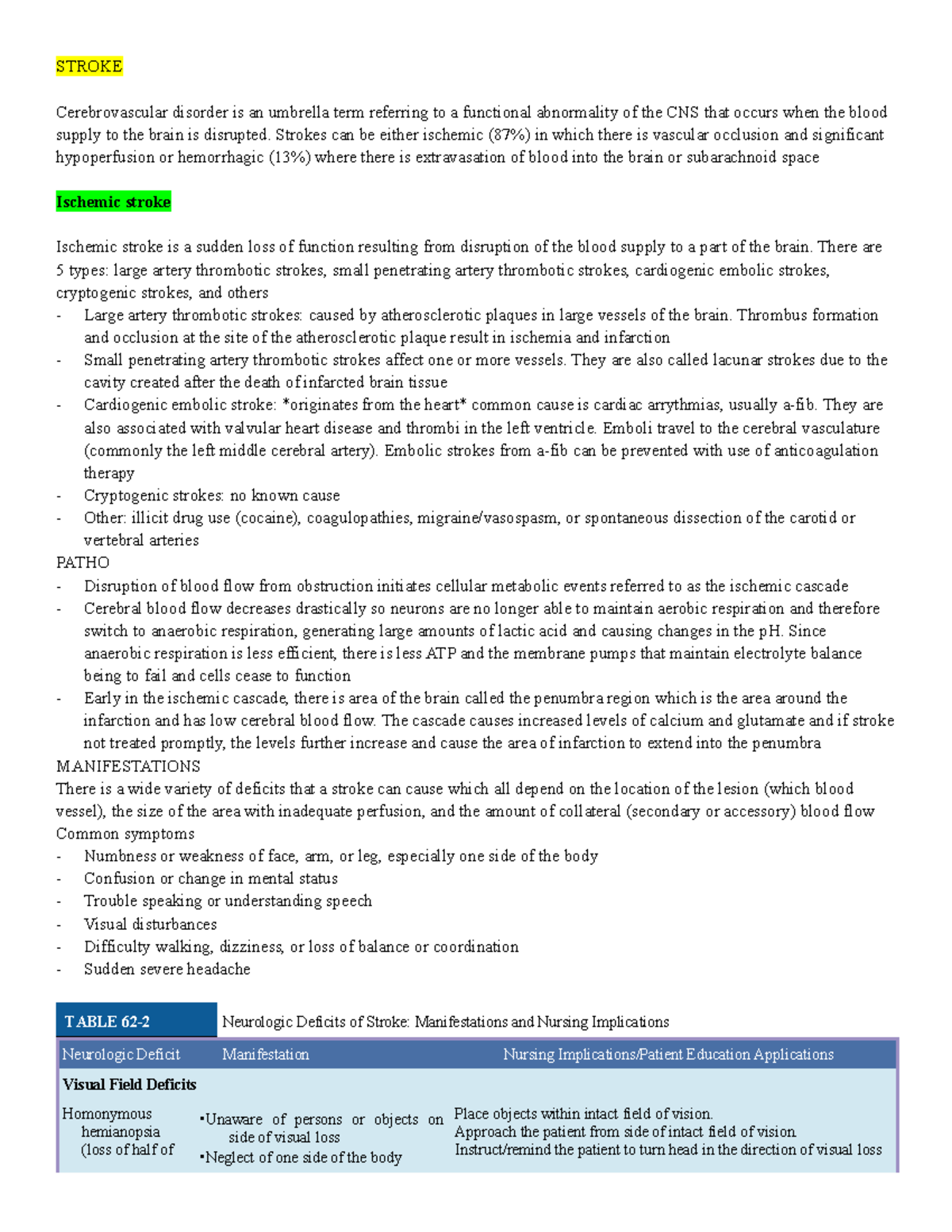 Stroke book notes - STROKE Cerebrovascular disorder is an umbrella term ...