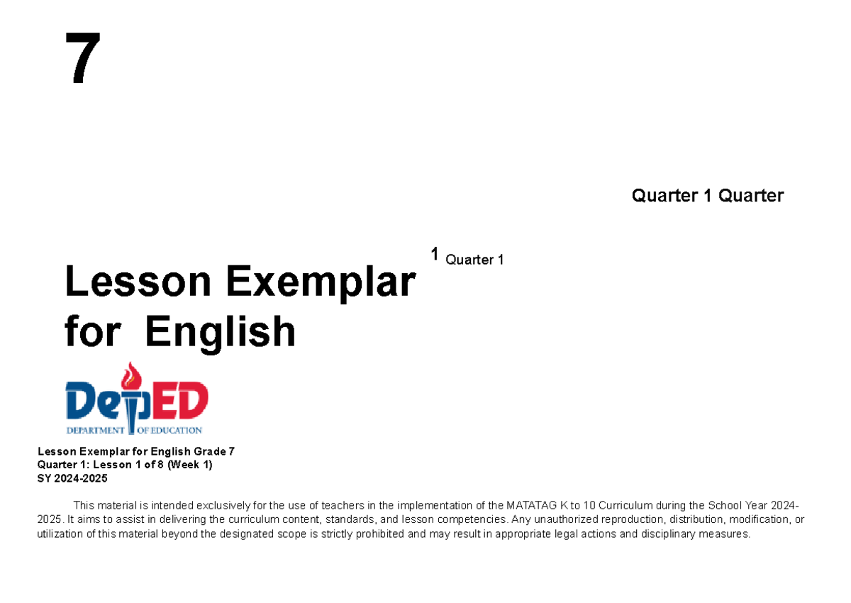 Q1 LE English 7 Lesson 1 Week 1 - 7 Lesson Exemplar for English Quarter 1 Quarter 1 Quarter ...