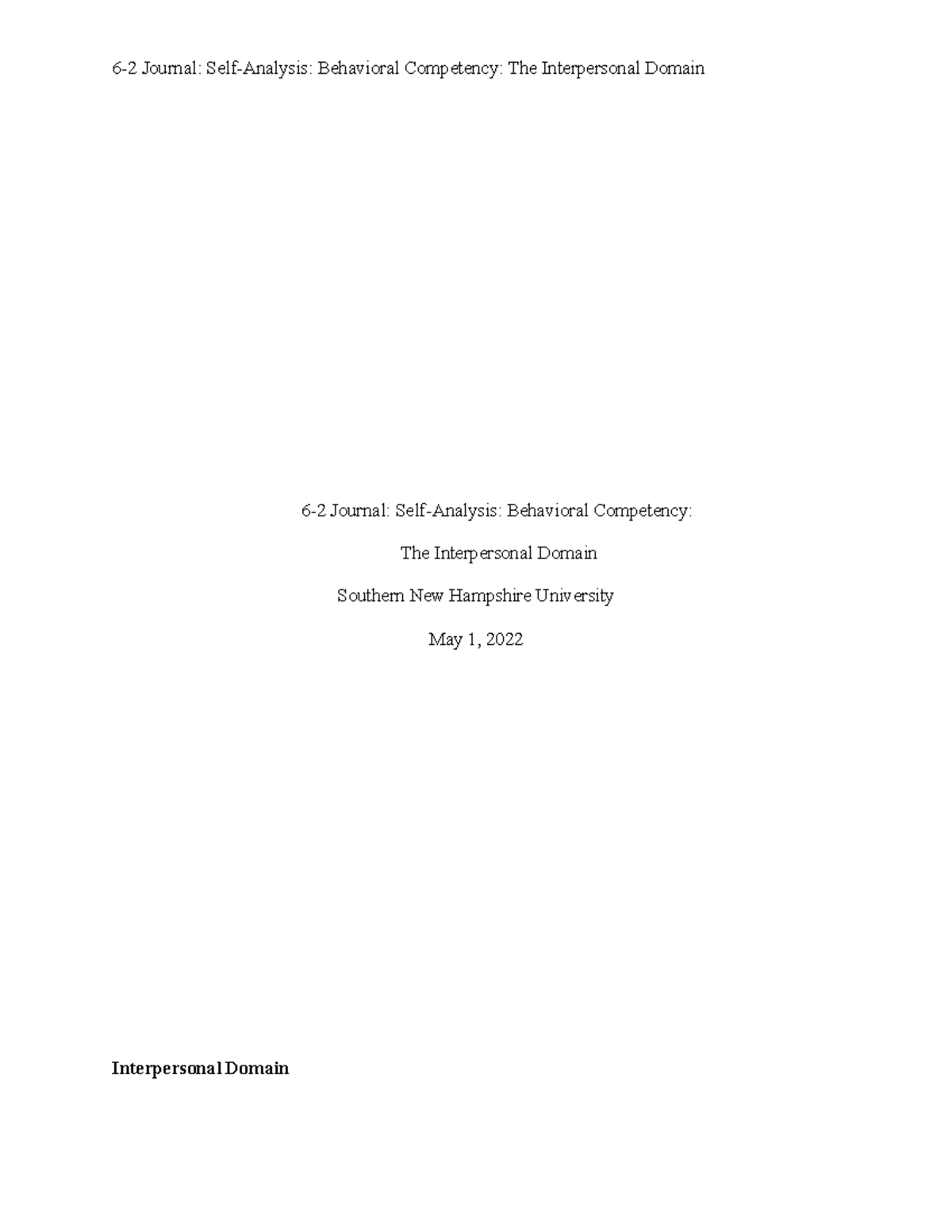 6-2 Journal Self Analysis- Behavioral Competency The Interpersonal ...