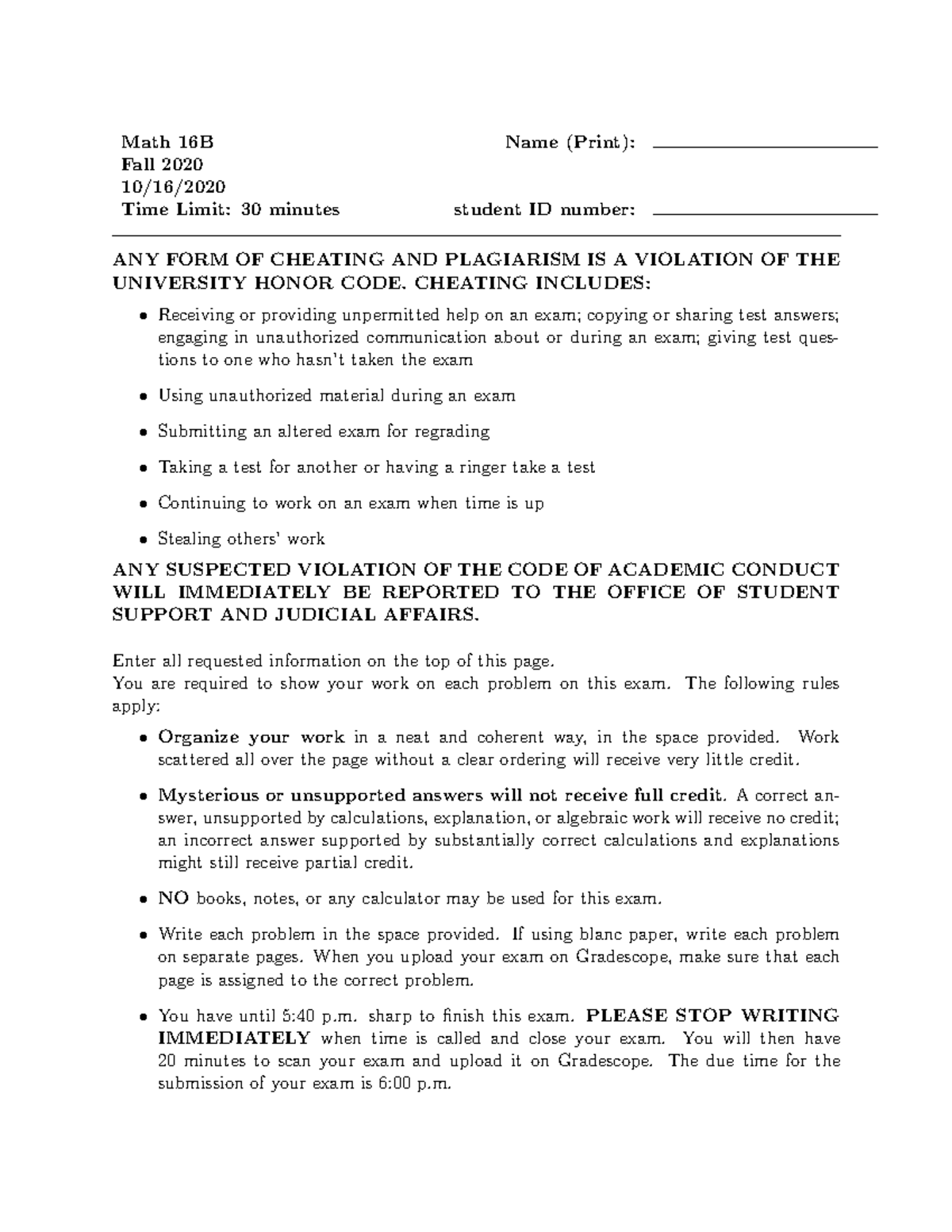 Practice MT1 - Math 16B Name (Print): Fall 2020 10/16/ Time Limit: 30 ...