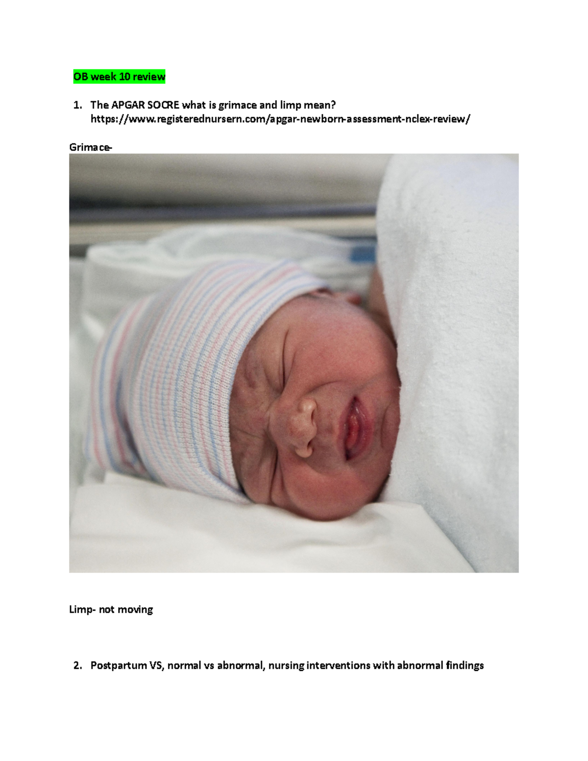 OB week 10 review - OB week 10 review 1. The APGAR SOCRE what is ...