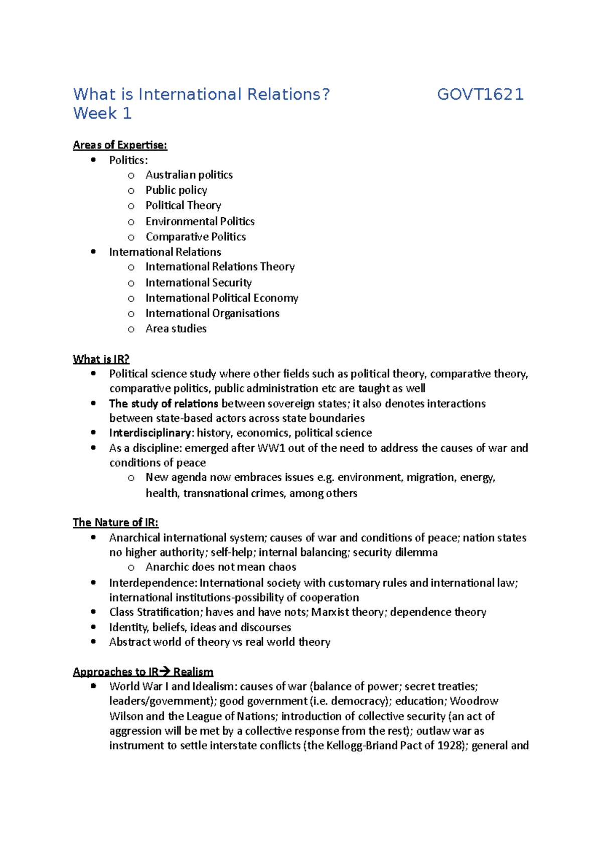 Introduction to IR Lecture Notes - What is International Relations ...