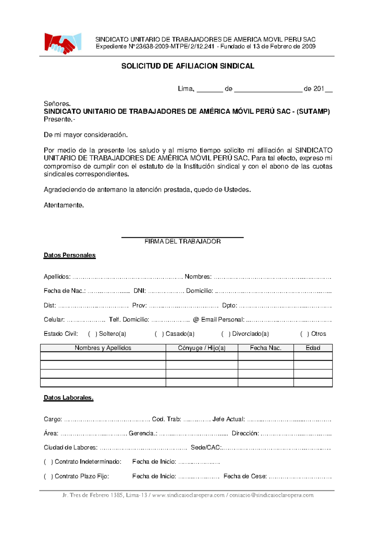 Formato Afiliacion - Ejemplo de modelo a completar - SINDICATO UNITARIO ...