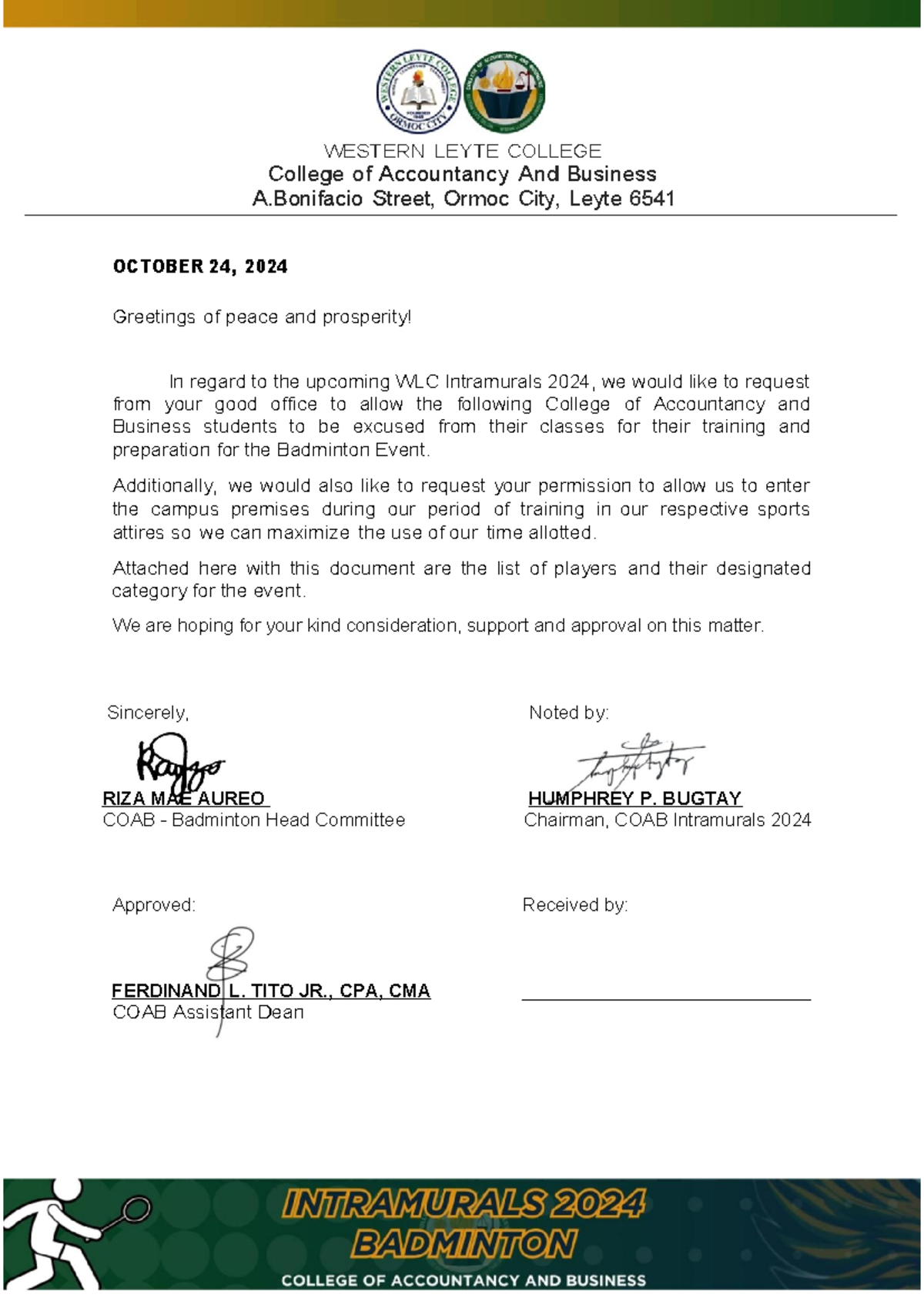 Badminton- Excuse- Letter - WESTERN LEYTE COLLEGE College of ...