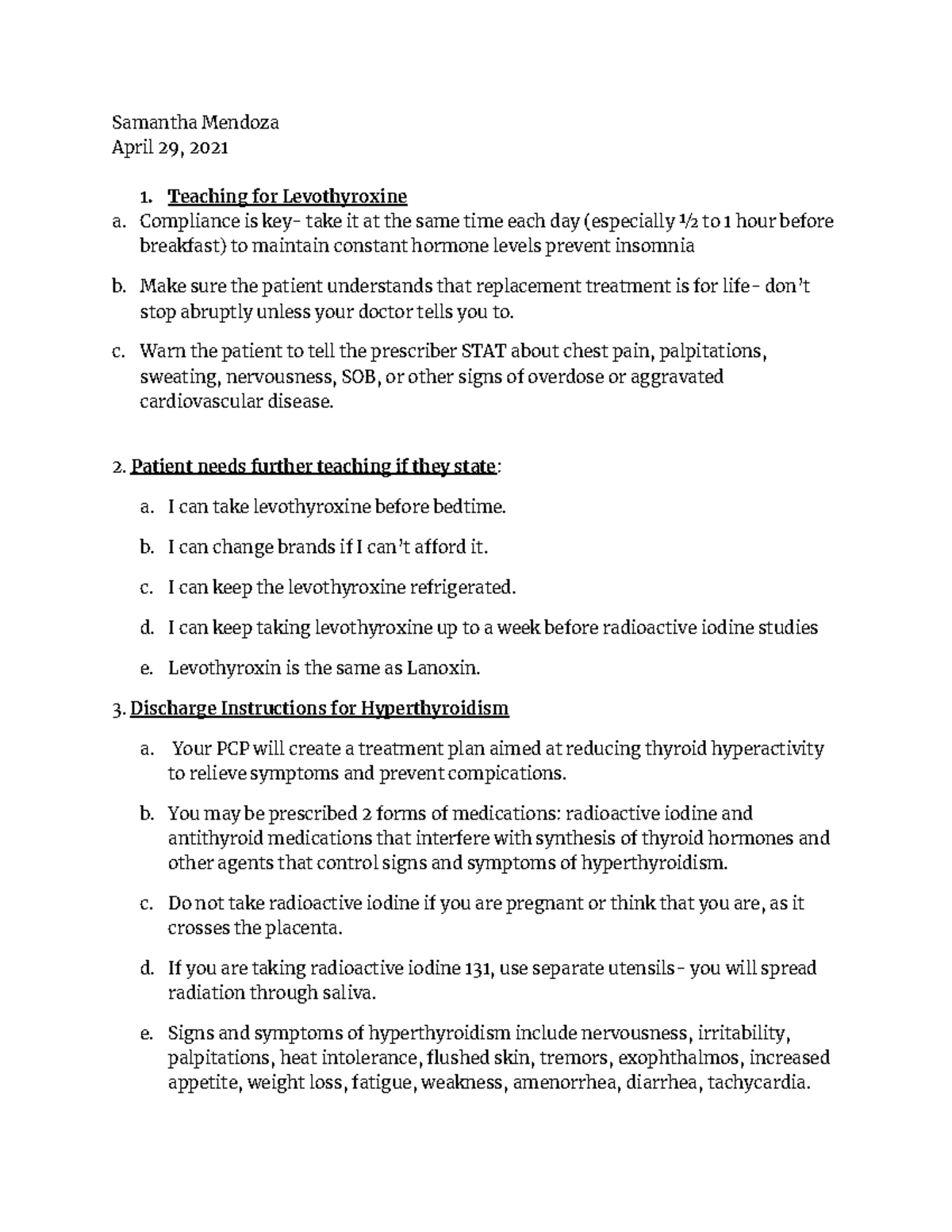 Nursing 120 Endocrine Study Sheet - Samantha Mendoza April 29, 2021 1 ...
