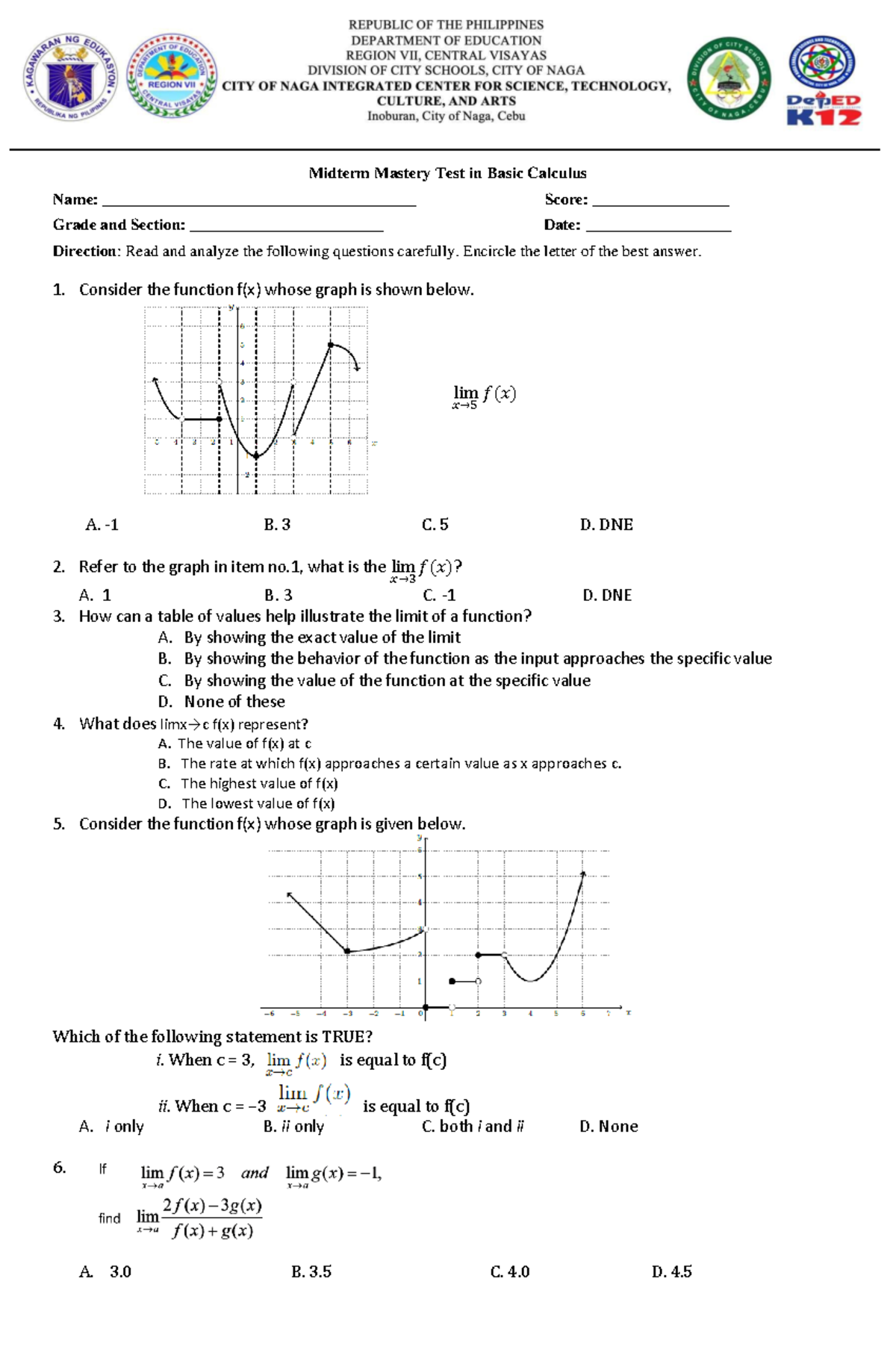 Sent Final 3rd-Quarter-Mastery-Exam-Basic-Calculus - Midterm Mastery ...