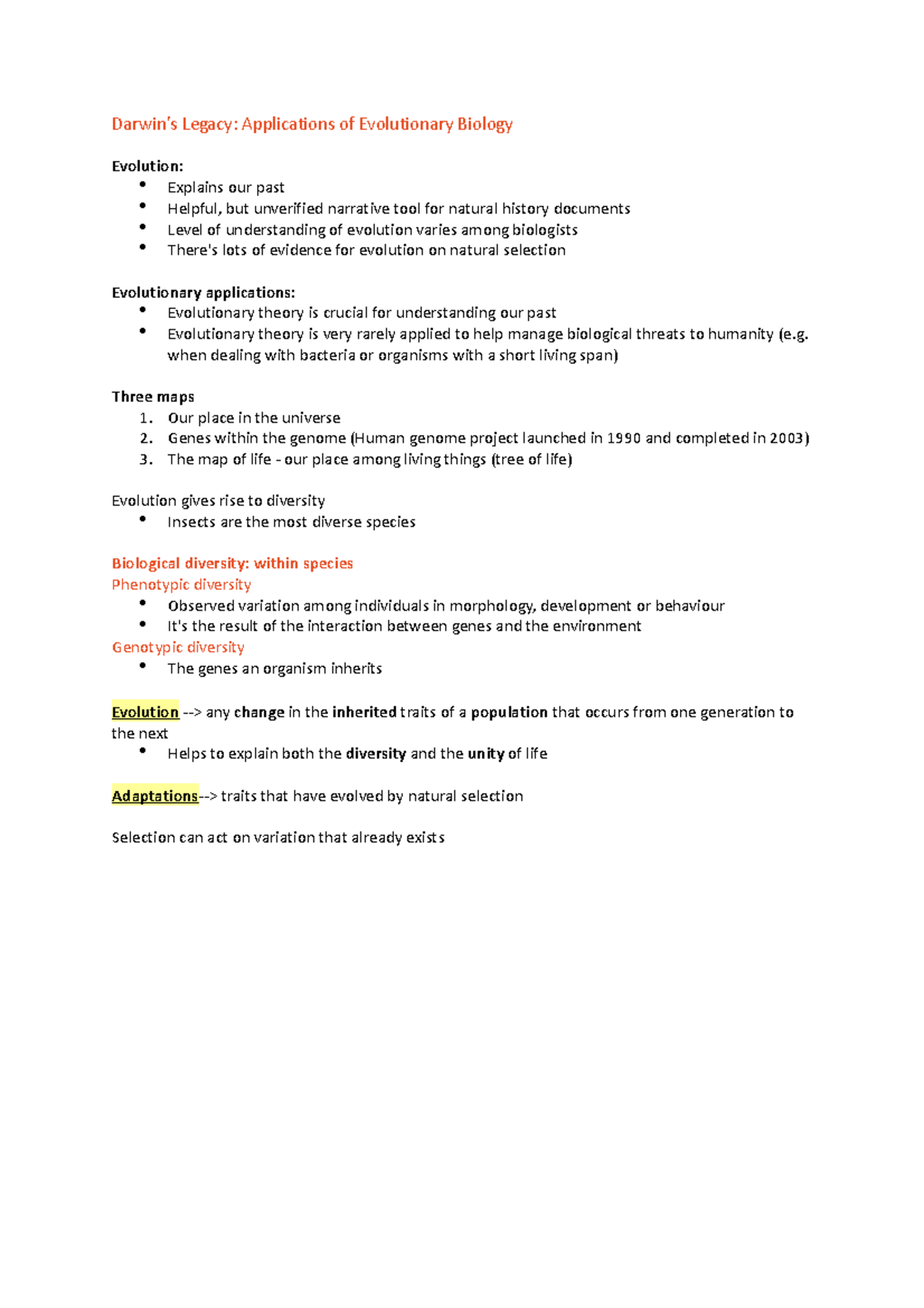 Intro to evolution - Lecture notes - Darwin's Legacy: Applications of ...