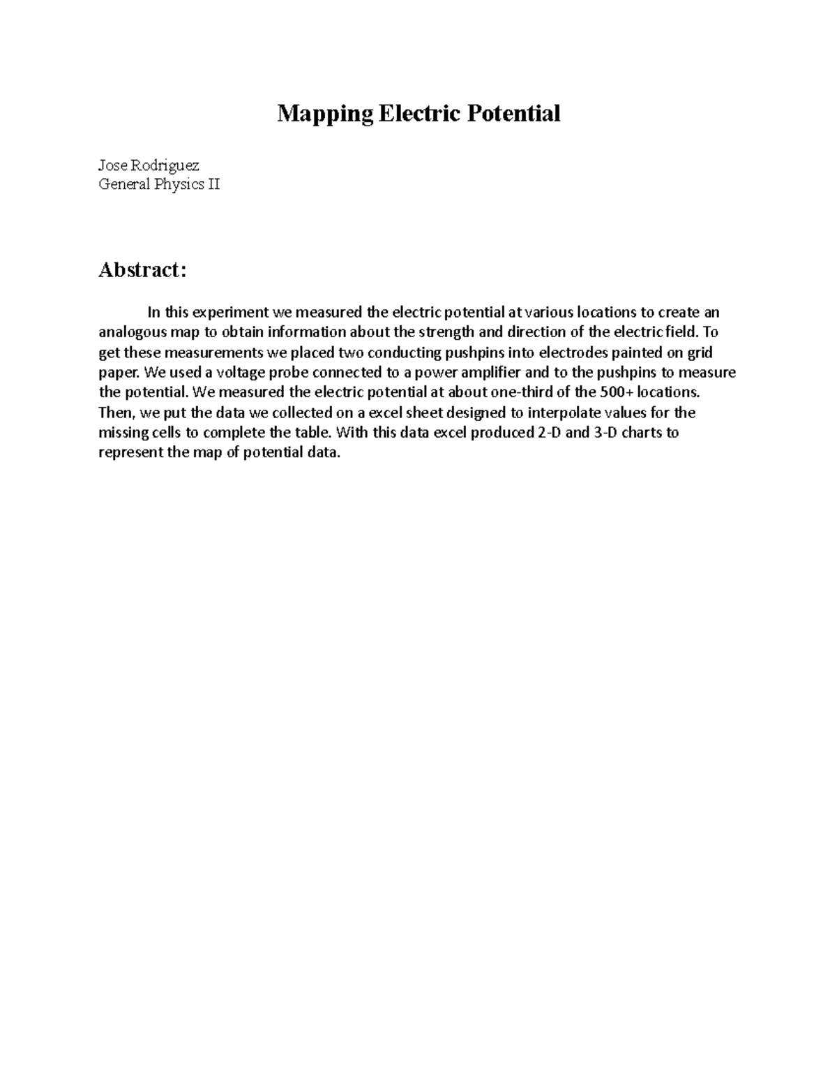 Mapping Electric Potential - To get these measurements we placed two ...