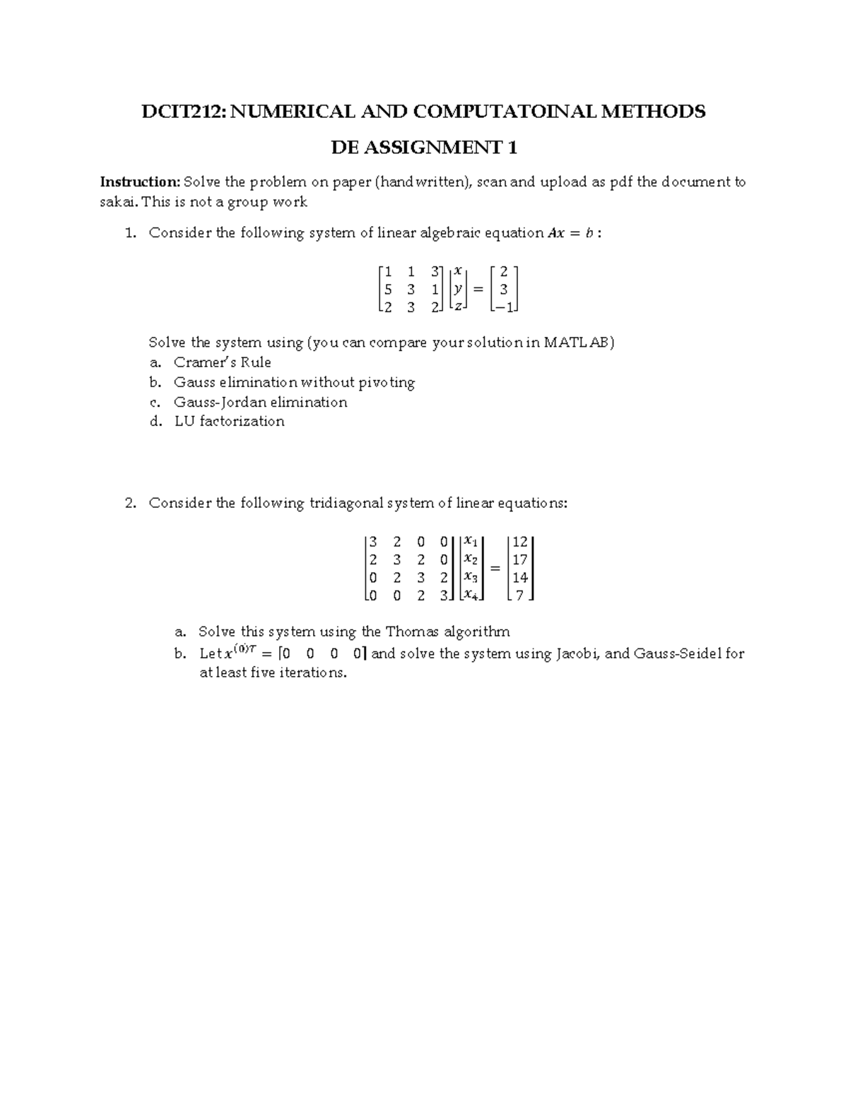 De Assignment 1 The Dcit212 Numerical And Computatoinal Methods De 9108