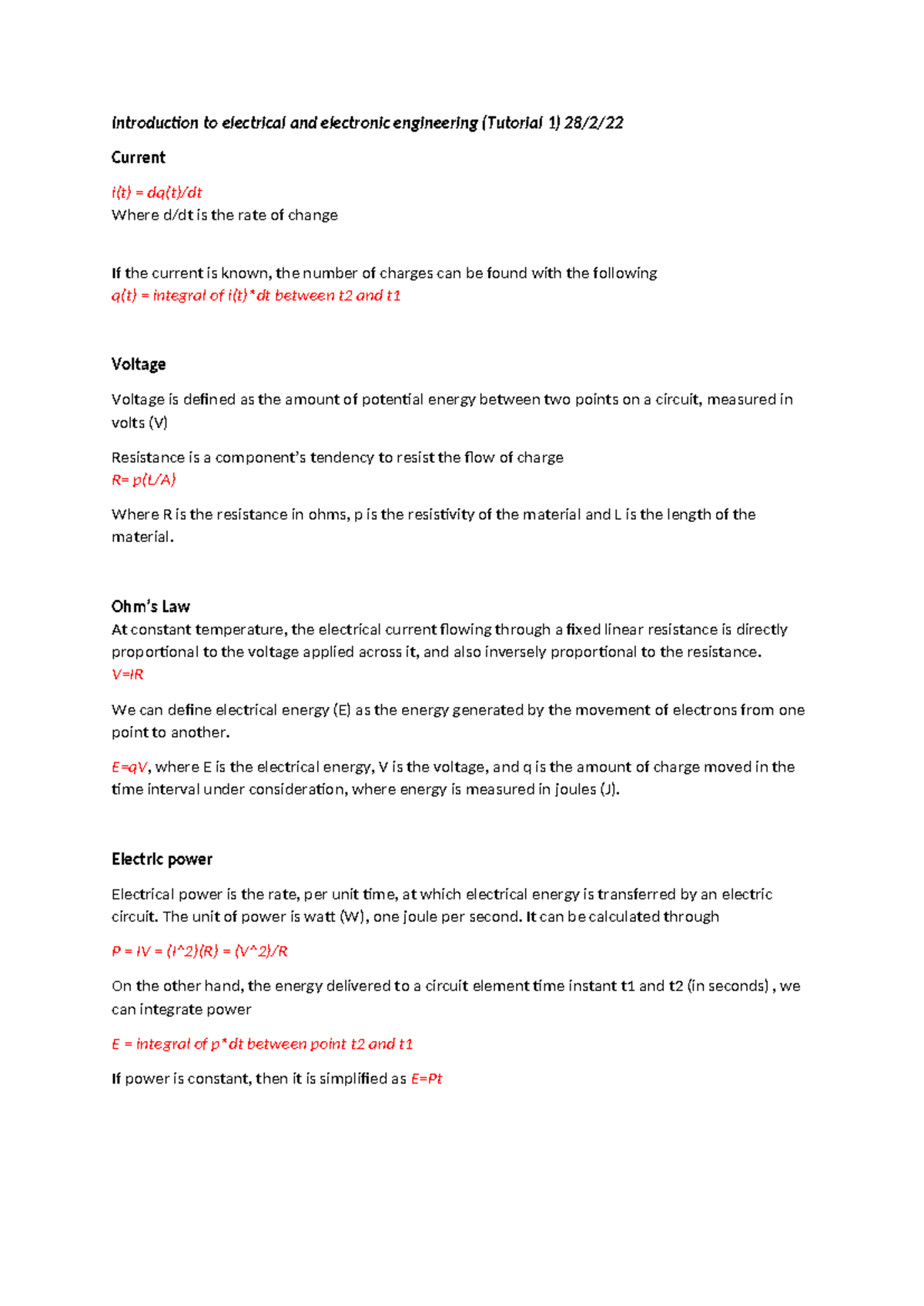Tutorial 1 - Introduction to electrical and electronic engineering (Tutorial 1) 28/2/ Current i ...