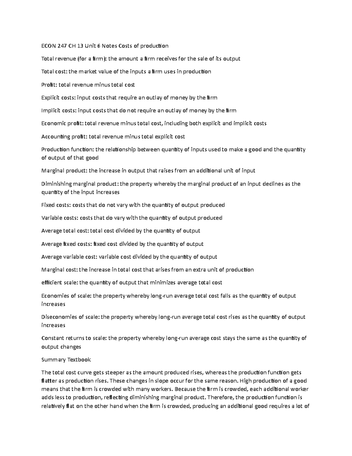 ECON 247 CH 13 Unit 6 Notes Costs of production - ECON 247 CH 13 Unit 6 ...