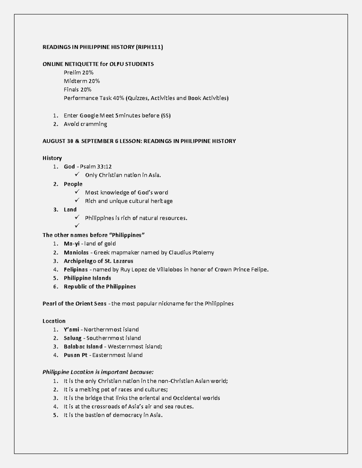 Readings IN Philippine History - READINGS IN PHILIPPINE HISTORY (RIPH111) ONLINE NETIQUETTE for ...