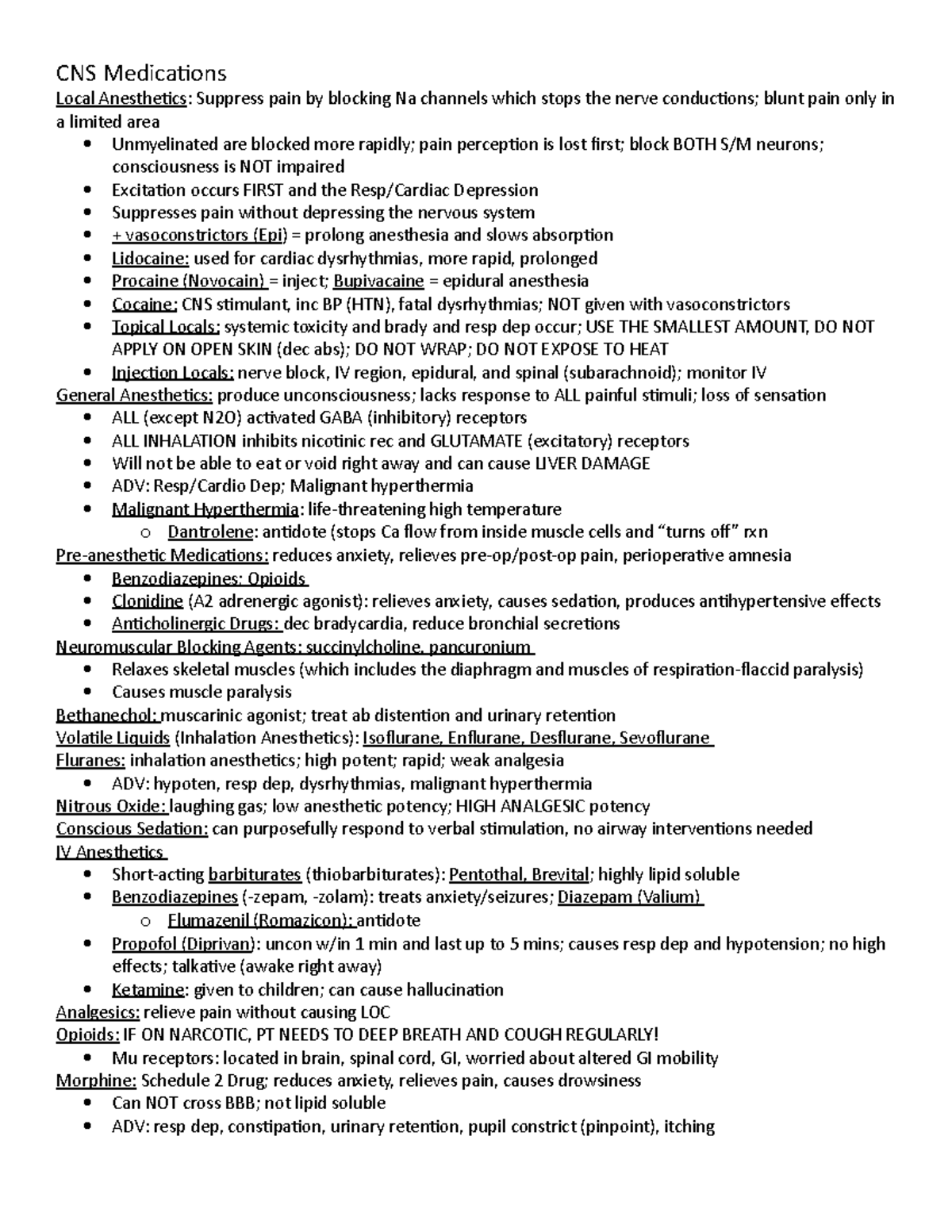 CNS Medications Exam Material - CNS Medications Local Anesthetics ...