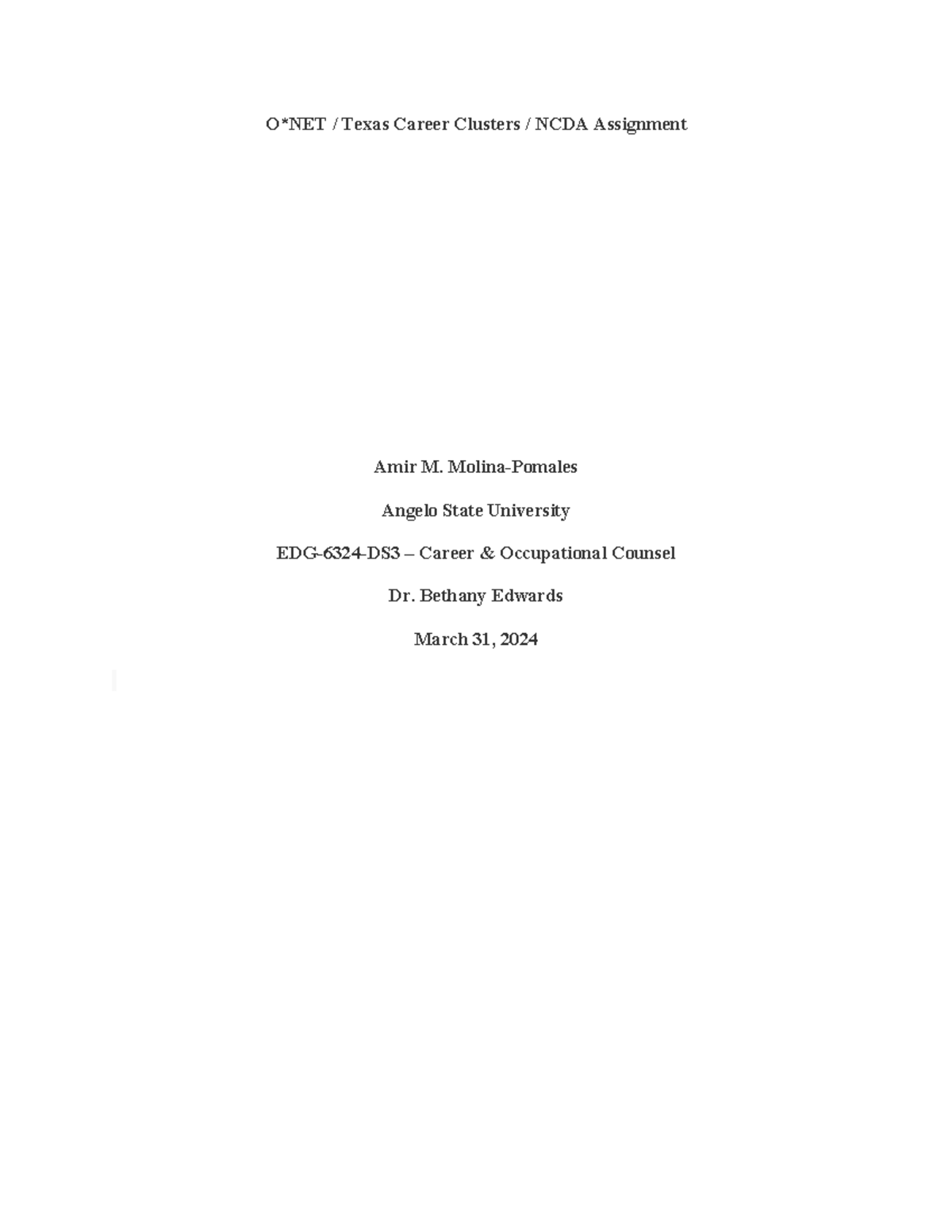 O*NET : Texas Career Clusters : NCDA Assignment - O*NET / Texas Career ...
