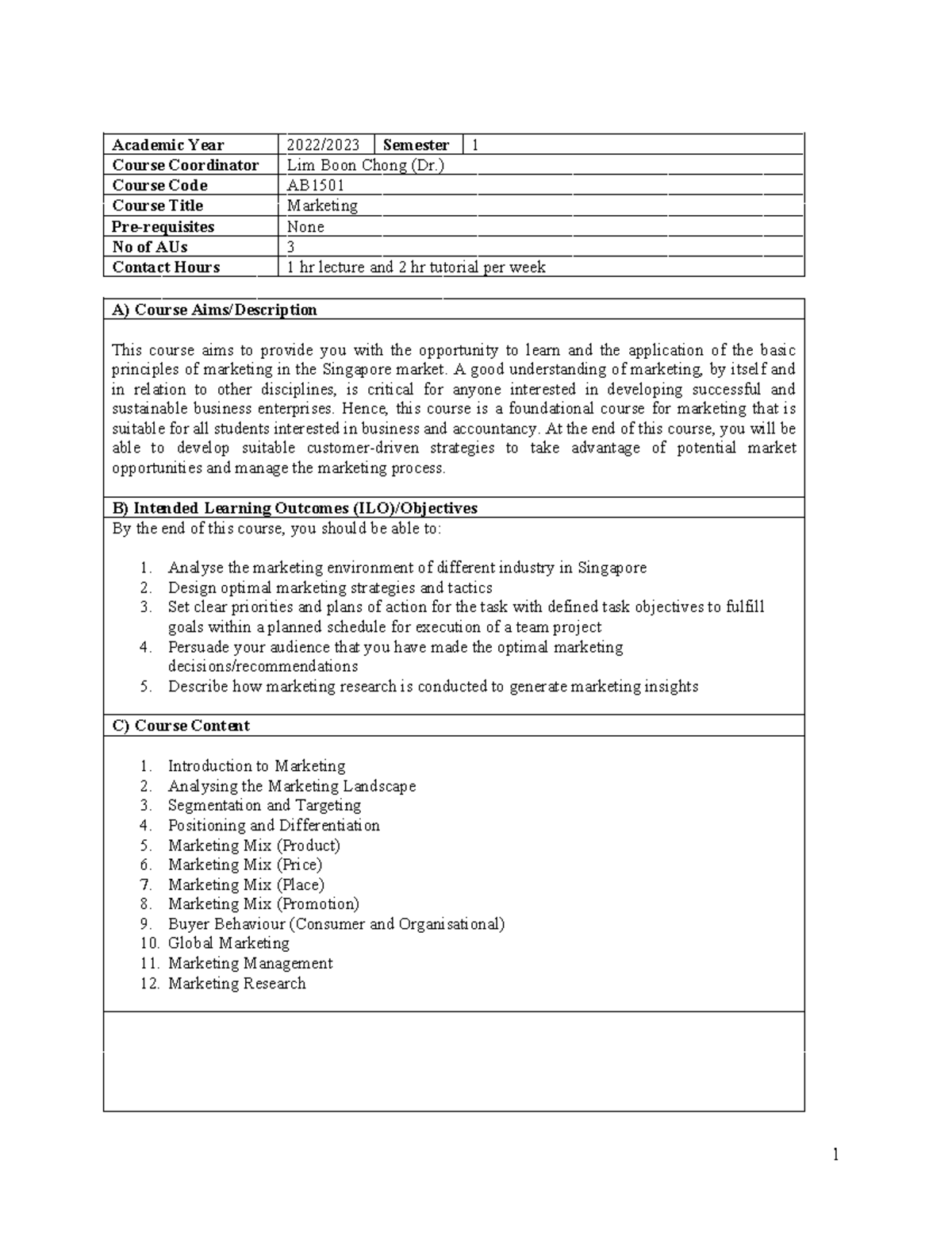 AB1501 0 Course Outline - Academic Year 2022/2023 Semester 1 Course ...