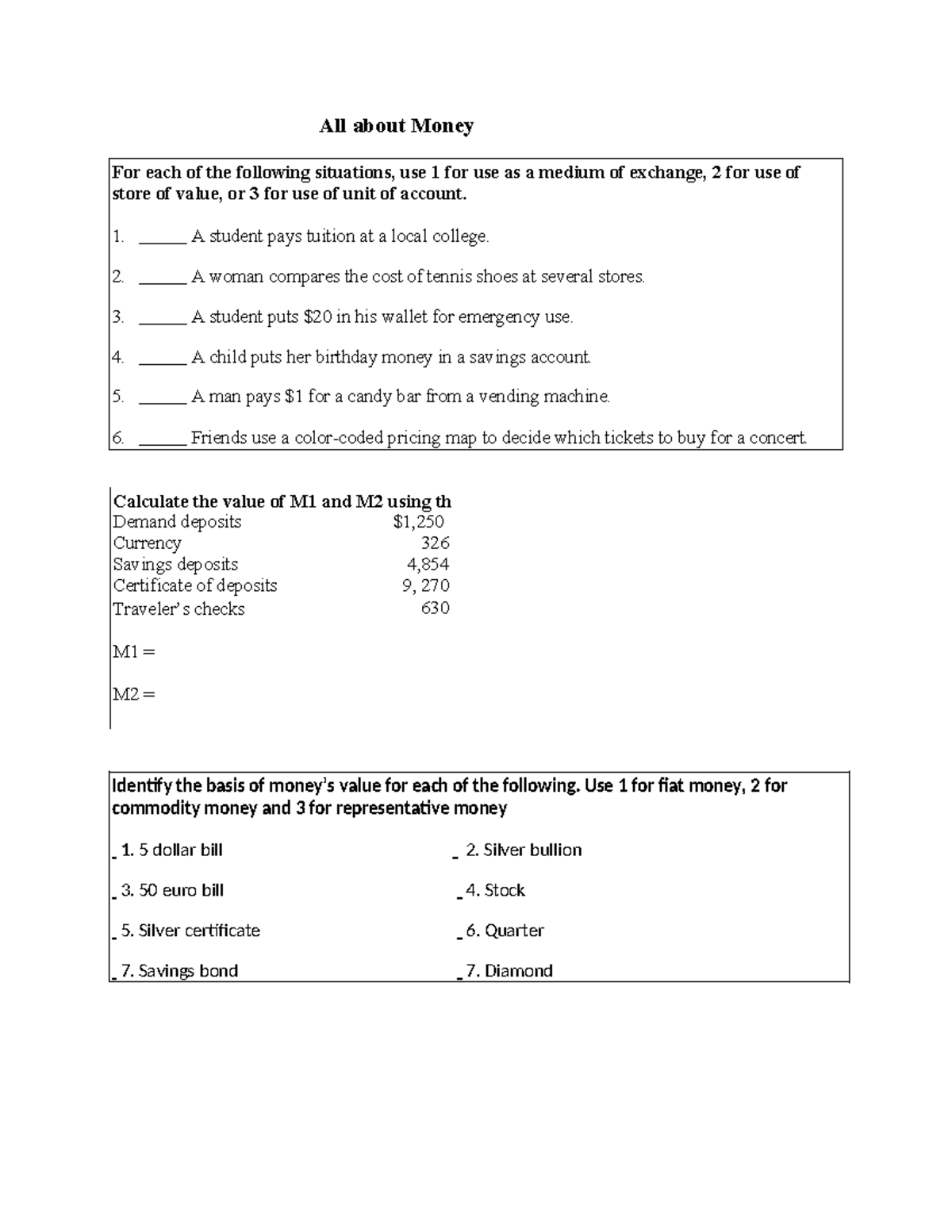 All about money - h jb - All about Money Calculate the value of M1 and ...