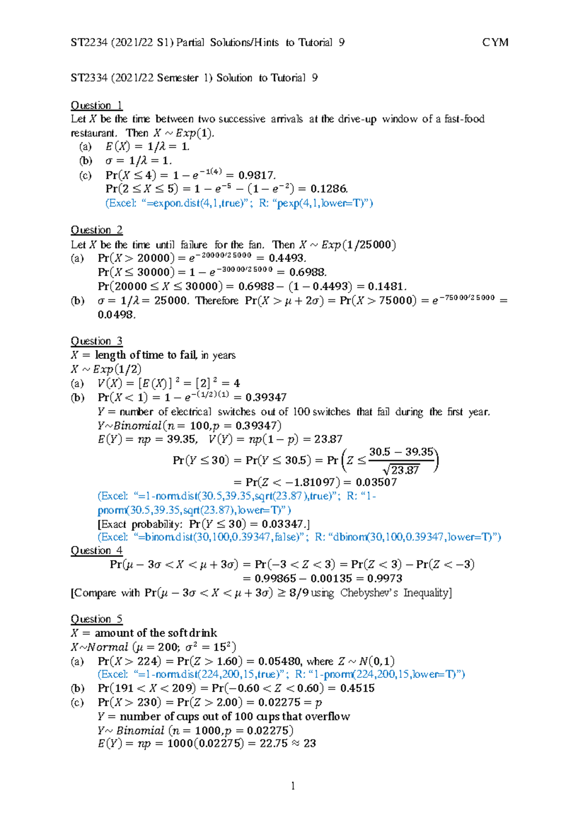 ST2334 - Solution to Tutorial 9 - ST2334 - NUS - Studocu