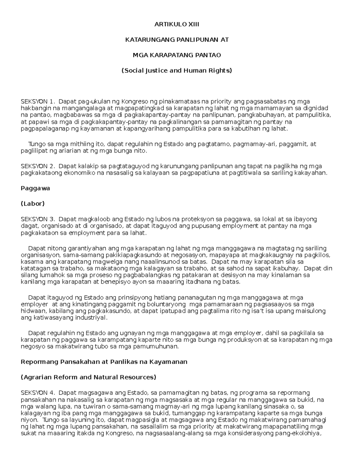 Artikulo XIII - HUMAN RIGHTS - ARTIKULO XIII KATARUNGANG PANLIPUNAN AT ...