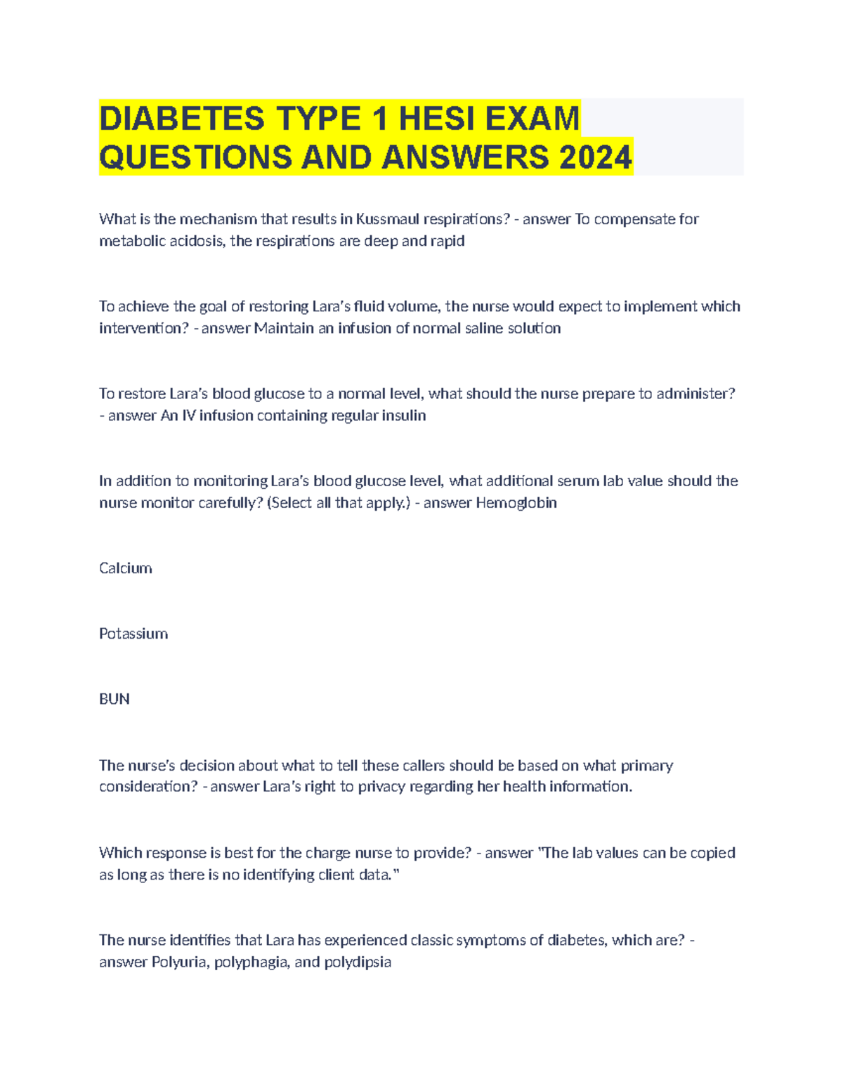 Diabetes TYPE 1 HESI EXAM Questions AND Answers 2024 - DIABETES TYPE 1 ...