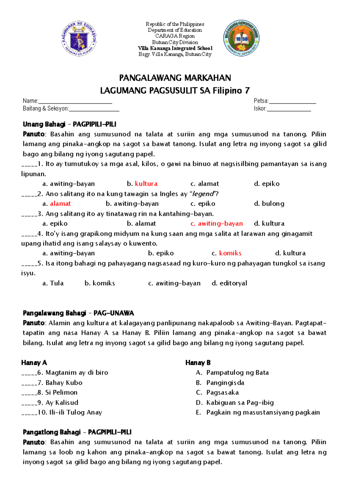 Filipino-7-exam-2nd compress - Department of Education CARAGA Region ...