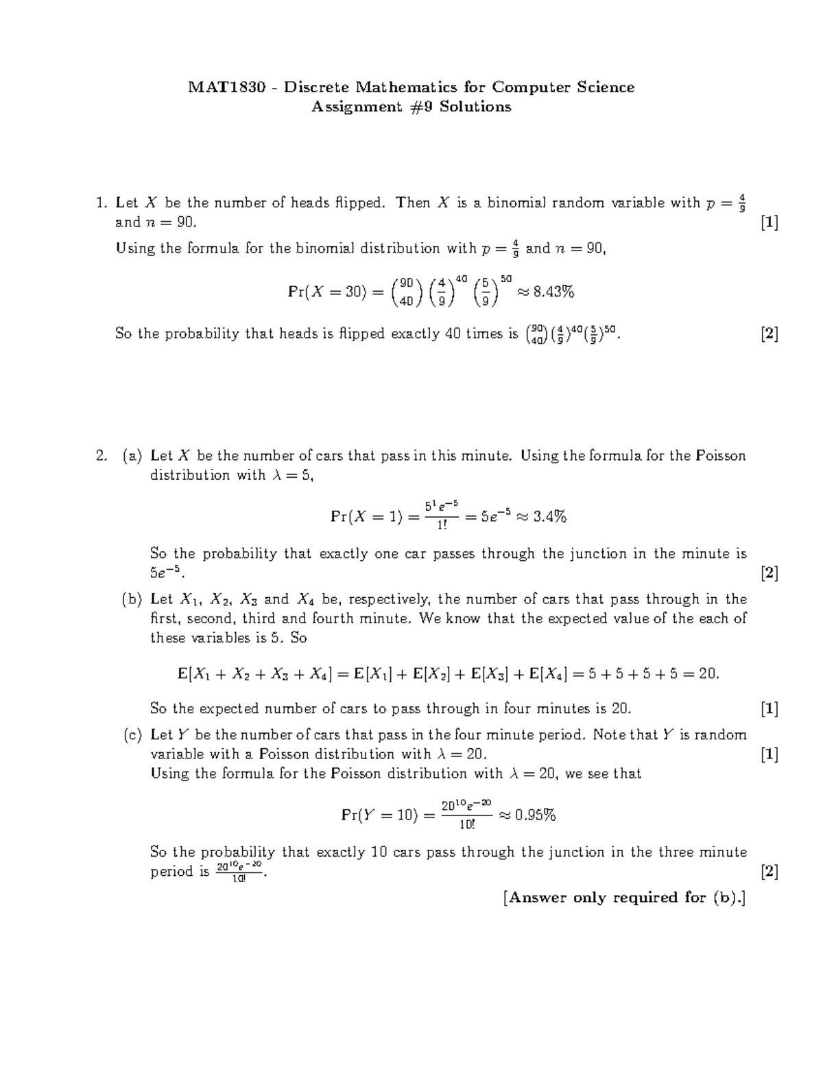 Assignment 9Solutions - MAT1830 - Discrete Mathematics for Computer Science Assignment #9 ...