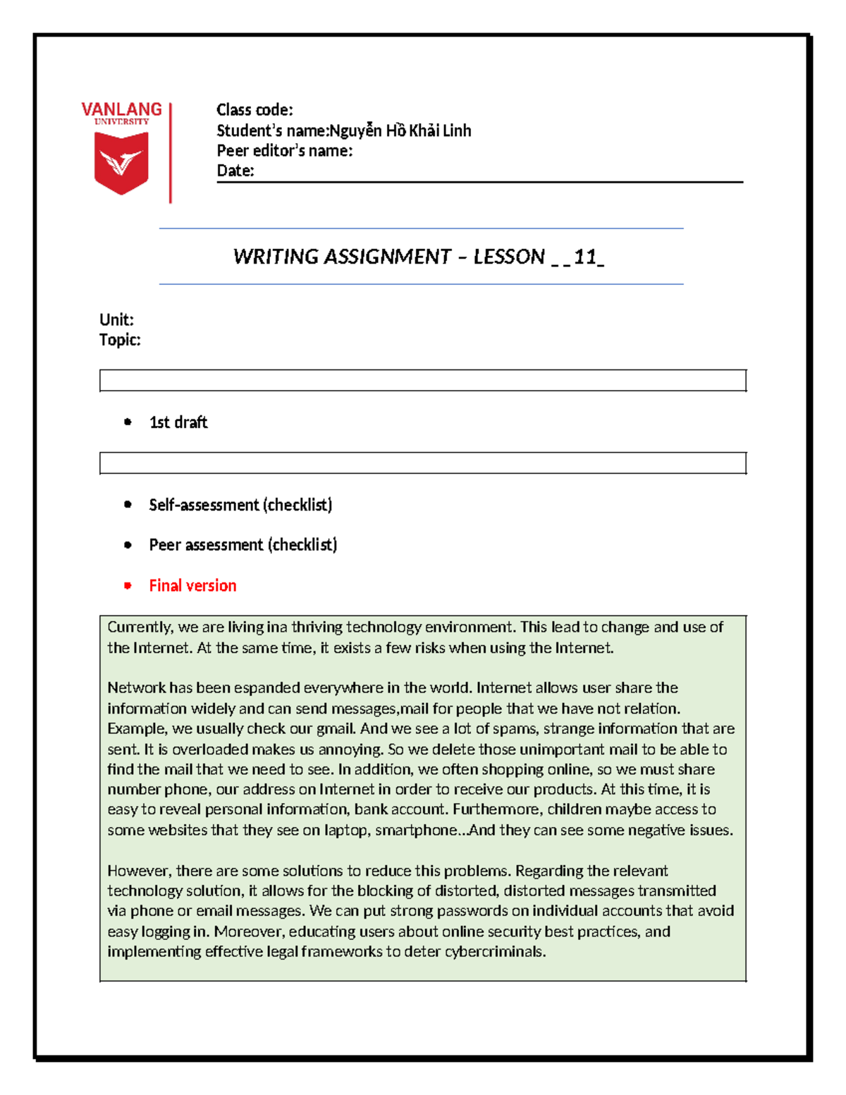 Lesson 11 av5 - Ưksknd - Class code: Student’s name:Nguyễn Hồ Khải Linh Peer editor’s name: Date ...
